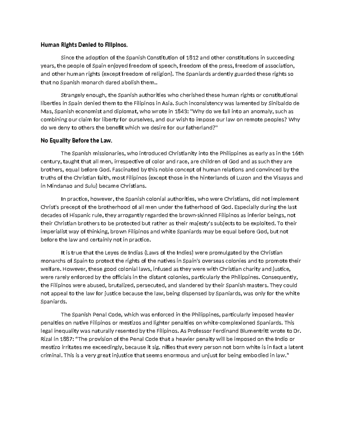 HR Injustices: Denial of Rights to Filipinos During Spanish Rule - Studocu