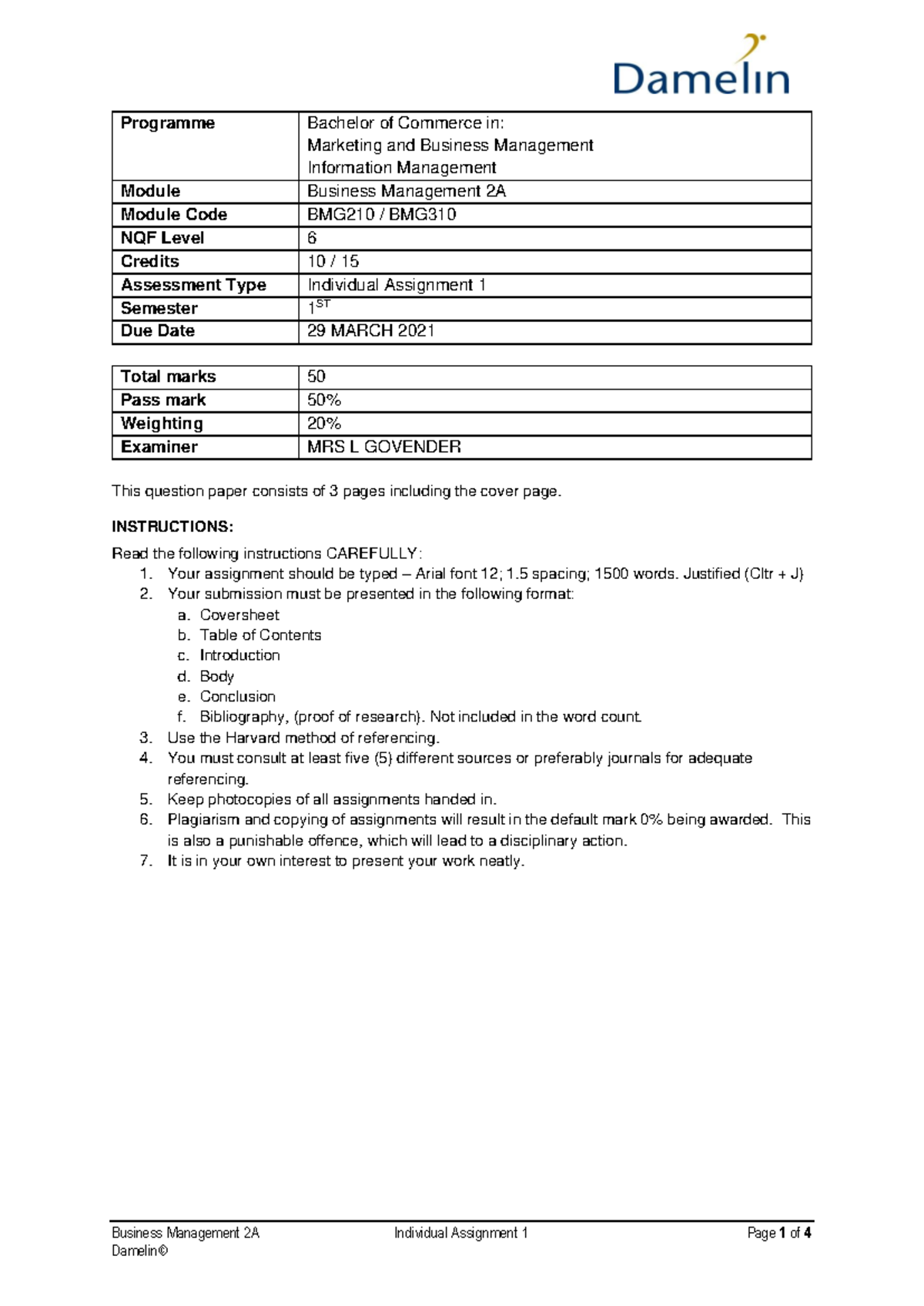 21 HE FT DG MBM BMG210 Y2 Assignment 1 QP - Business Management 2A ...