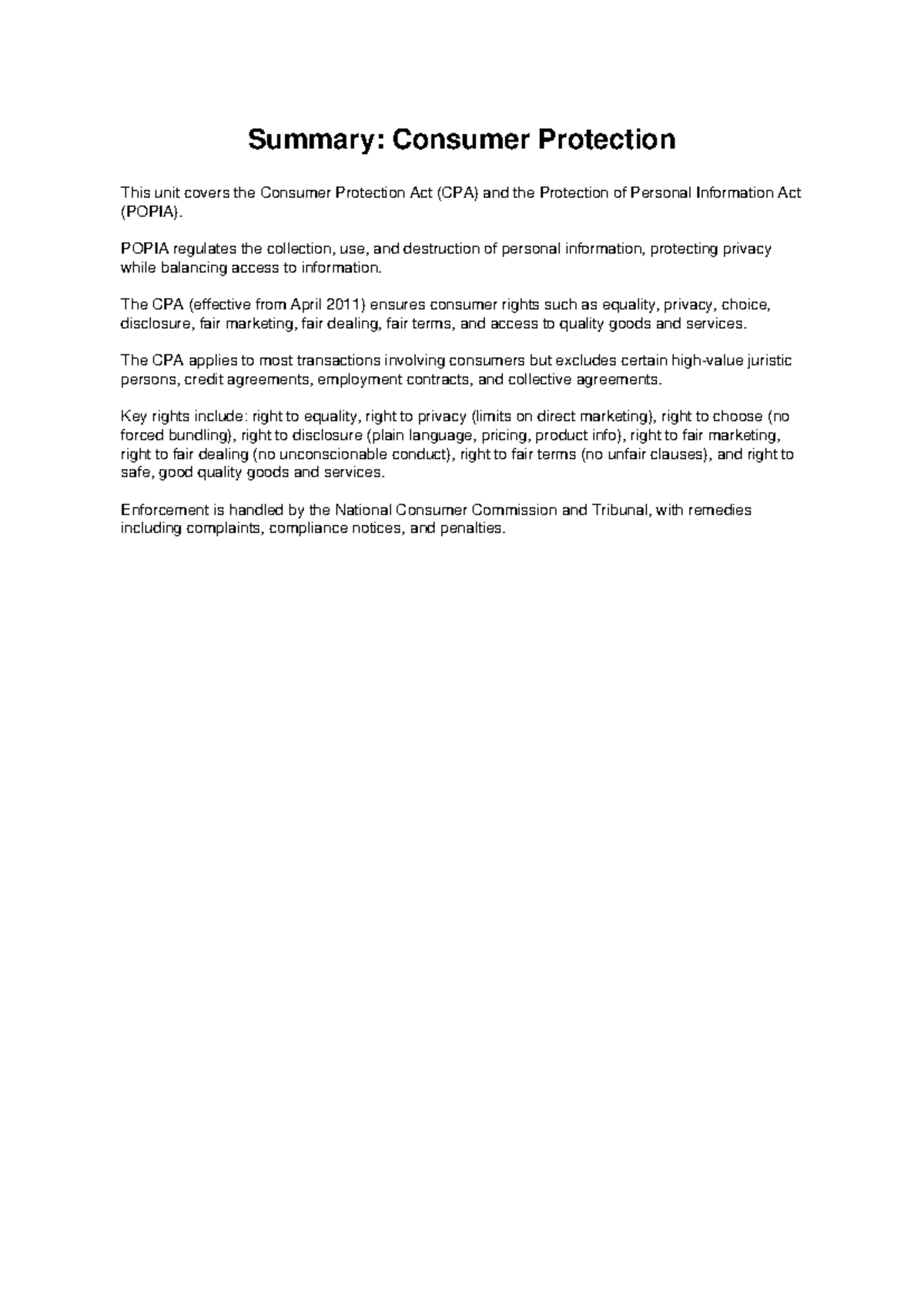 Consumer Protection Summary: CPA & POPIA Overview - Studocu