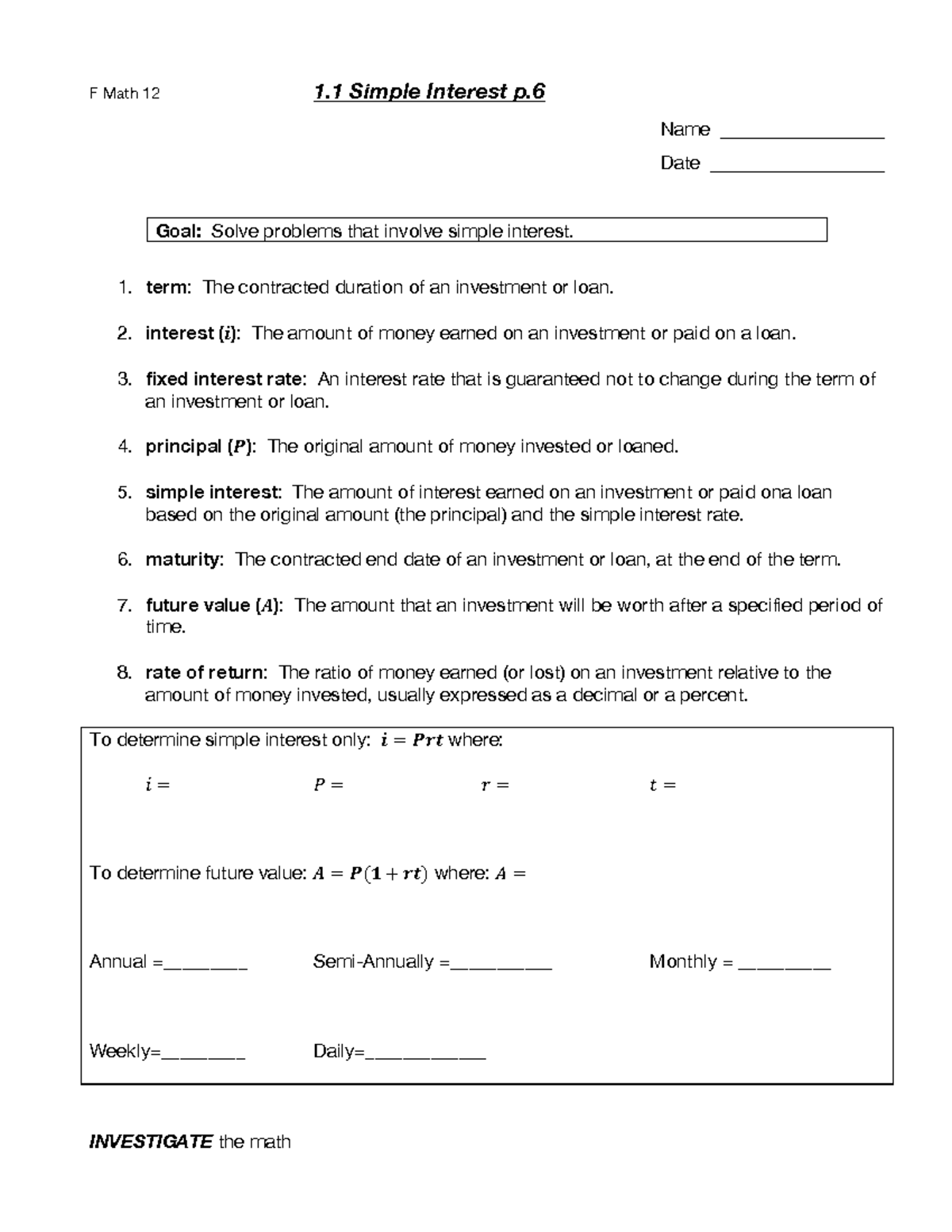Investments Notes: Simple and Compound Interest (F Math 12) - Studocu