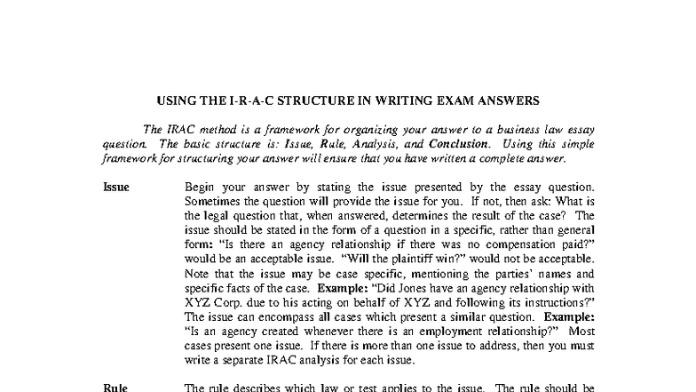 IRAC Method for Business Law Exam Answers (Course Code: LAW101) - Studocu