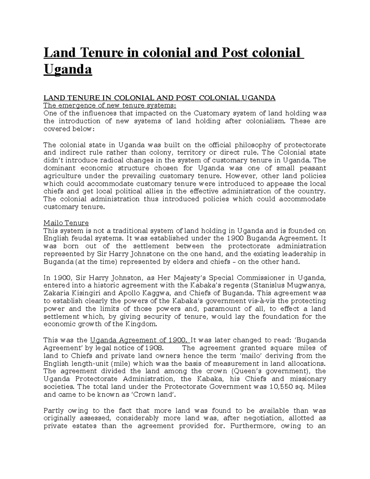 LAND TENURE SYSTEMS IN COLONIAL & POST-COLONIAL UGANDA - Studocu