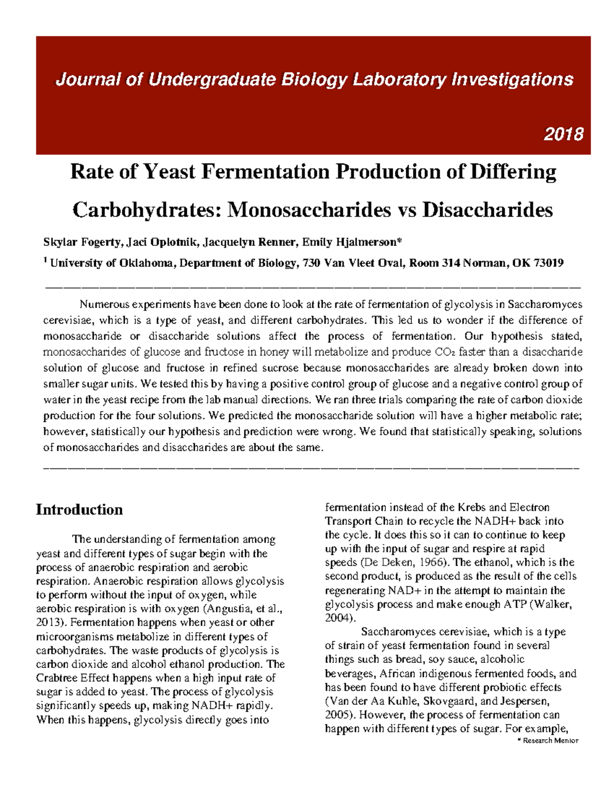 Rate of Yeast Fermentation: Monosaccharides vs Disaccharides (JUBLI ...