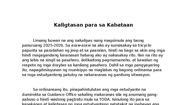 Kaligtasan ng Kabataan: Suporta sa Guidance Office at TODA - Studocu