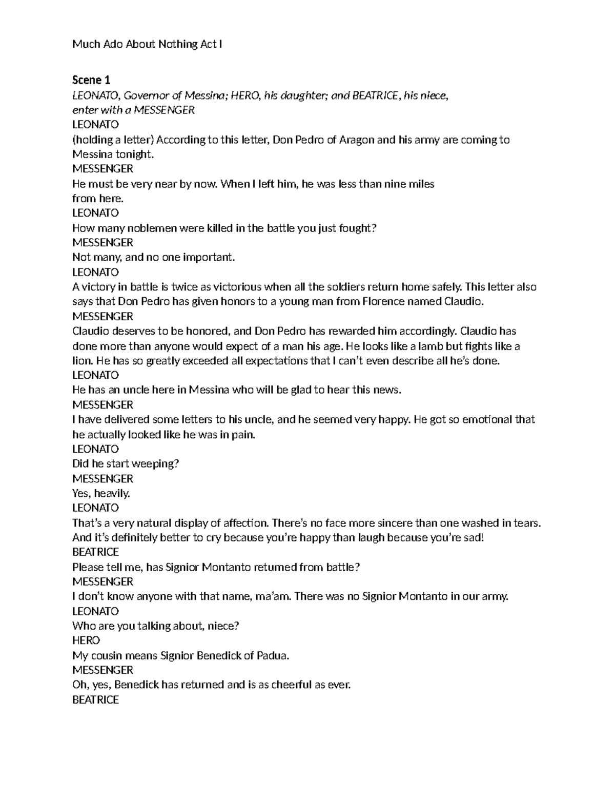 Much Ado About Nothing Act I - Scene 1 Analysis and Summary - Studocu