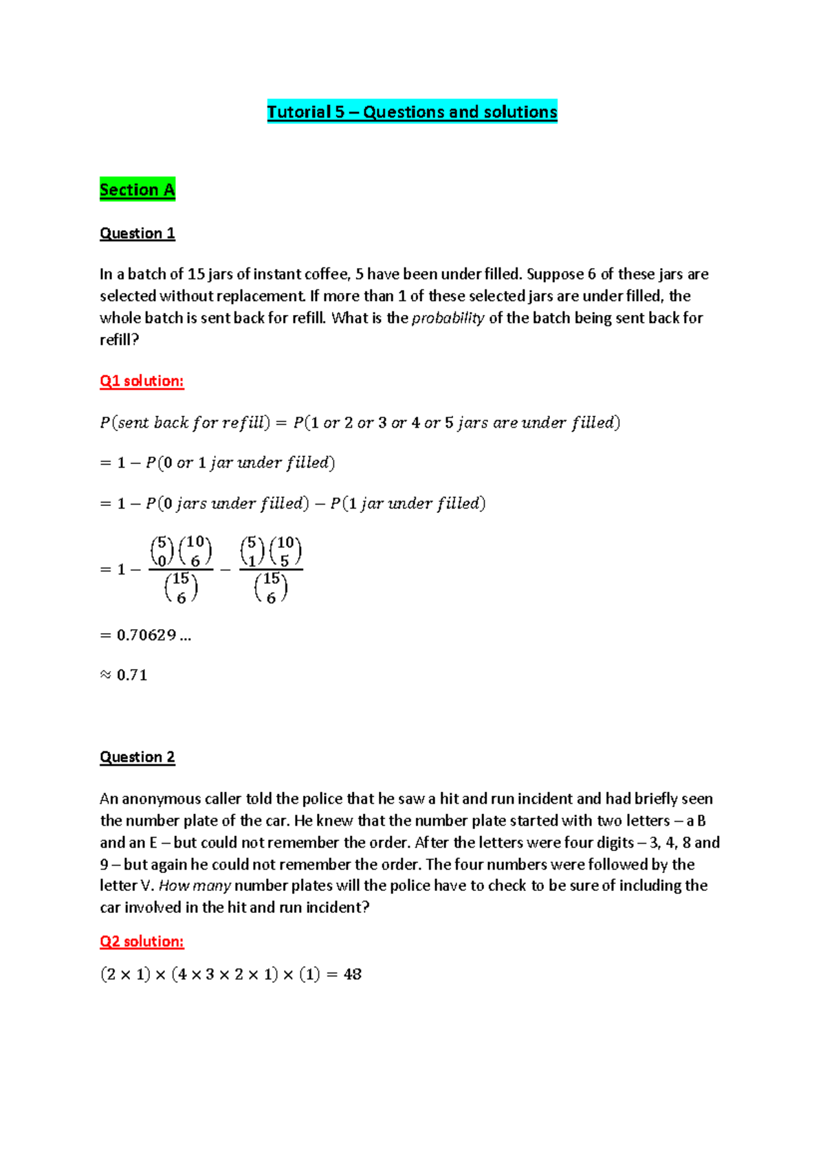 Tutorial 5 - Questions and Solutions with Answers - Studocu