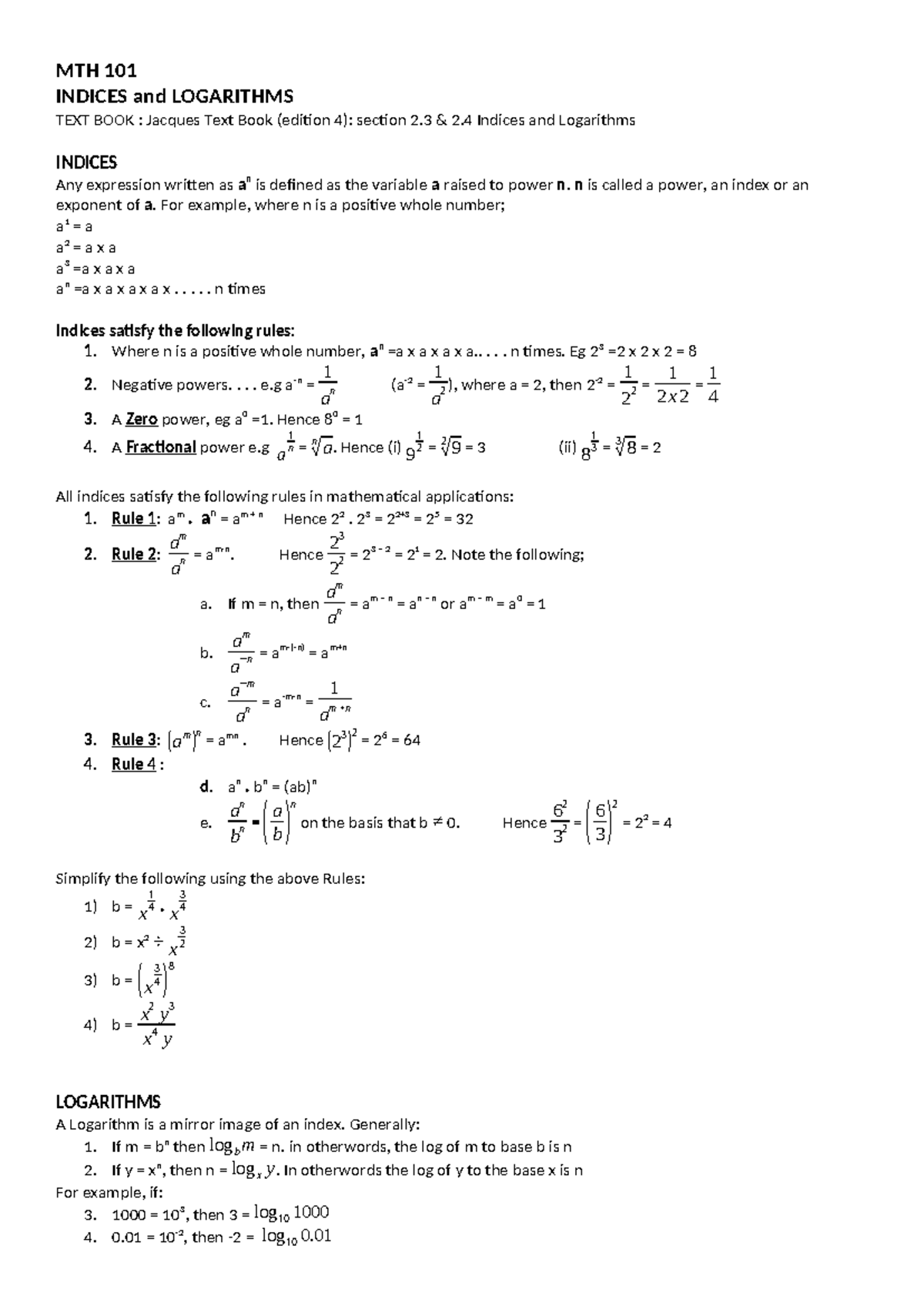 PUMS MTH 101 Indices and Logarithms Study Notes - Studocu