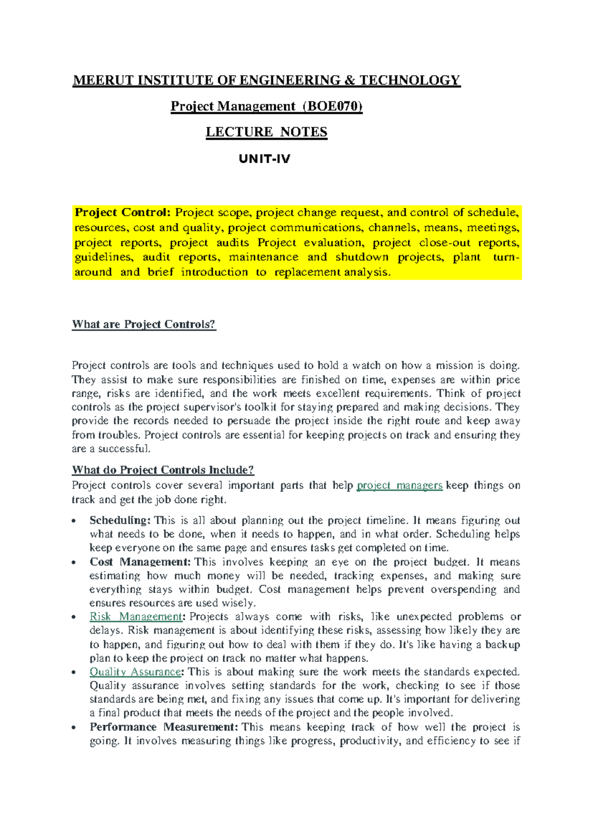 PROJECT MANAGEMENT (BOE070) LECTURE NOTES: Project Control Essentials ...