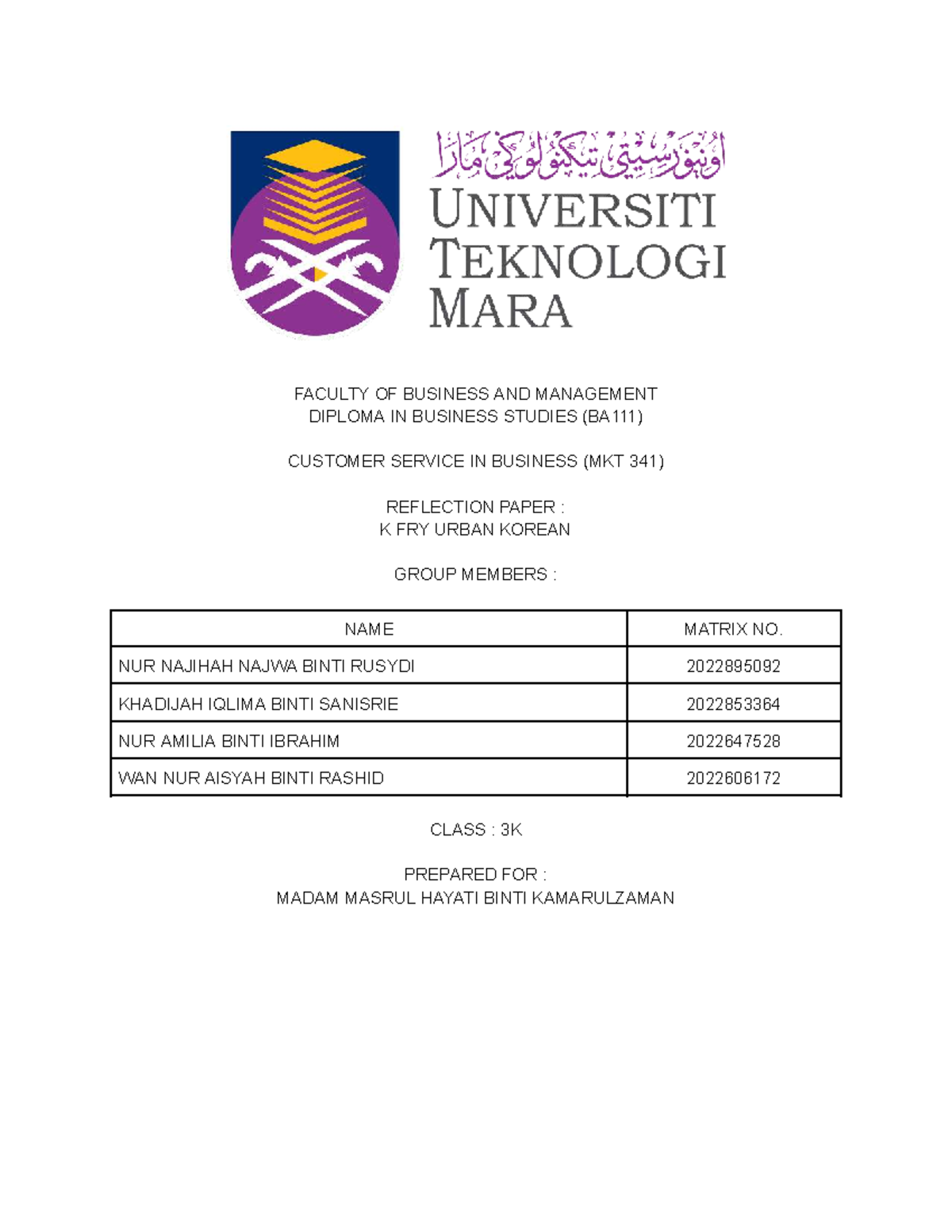 MKT 341 Reflection Paper on Customer Service at K Fry Urban - Studocu