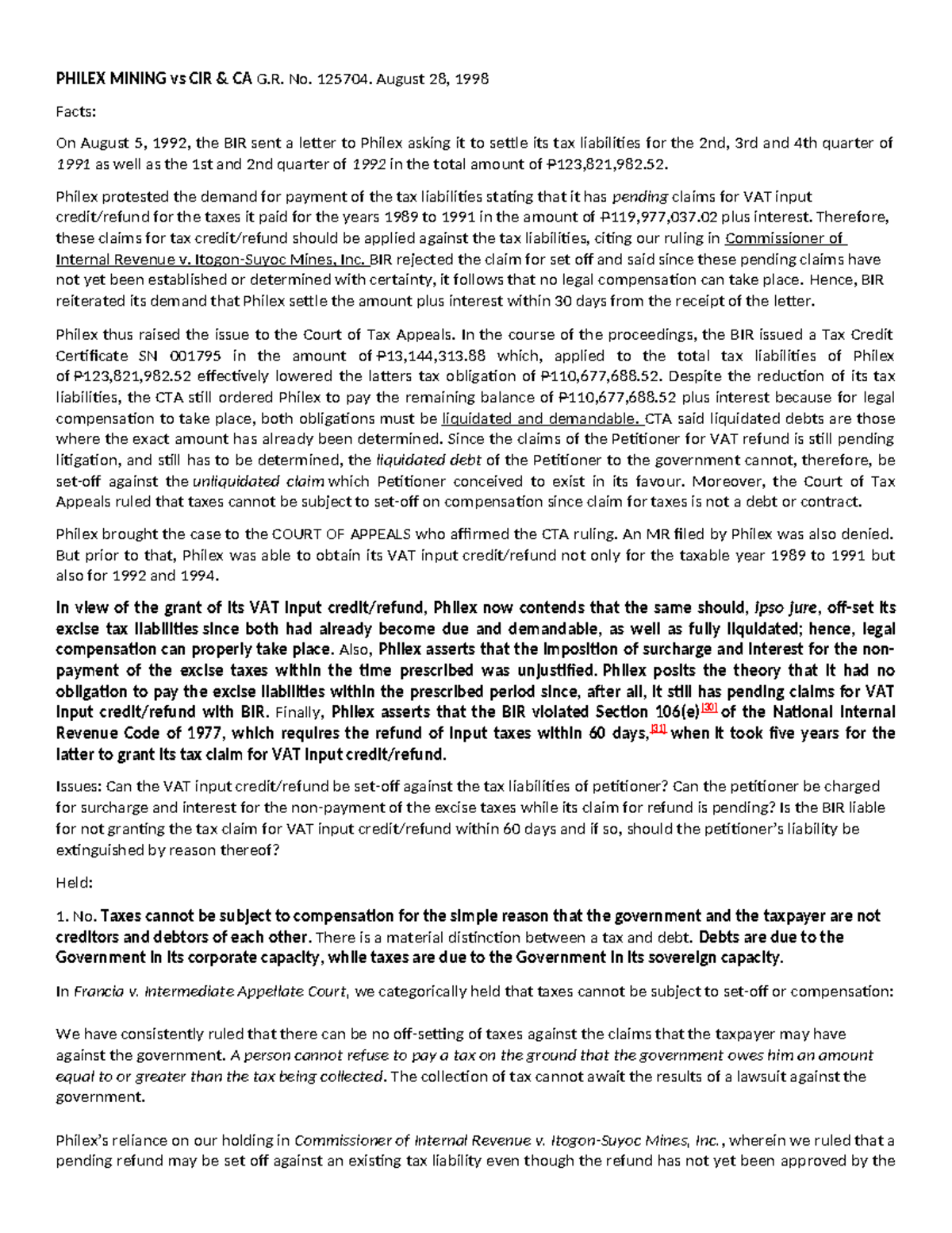 PHILEX MINING vs CIR CA G.R. No. 125704 Case Digest Analysis - Studocu