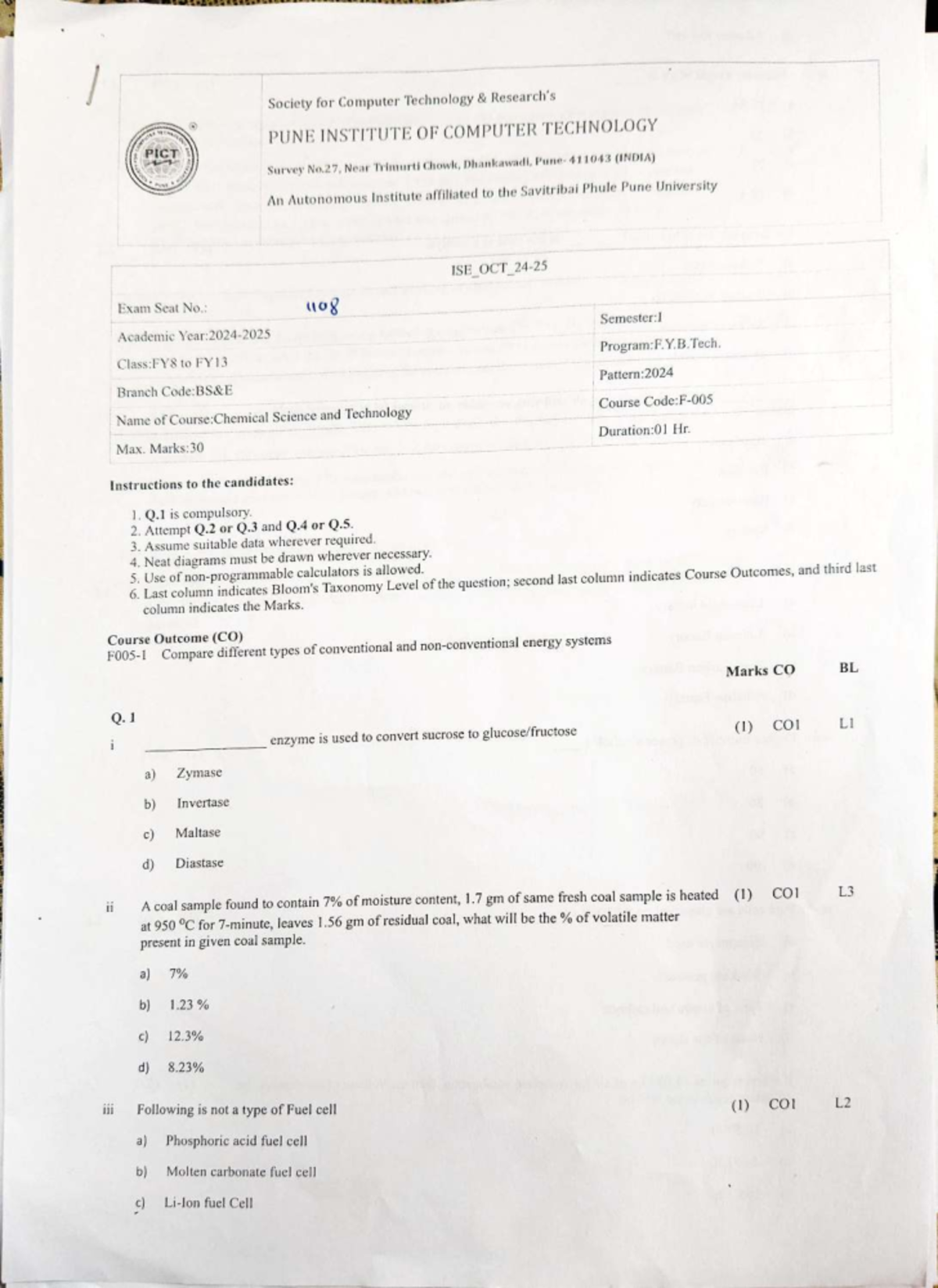 CST 2024 Sem I Question Paper: Chemical Science & Technology - Studocu