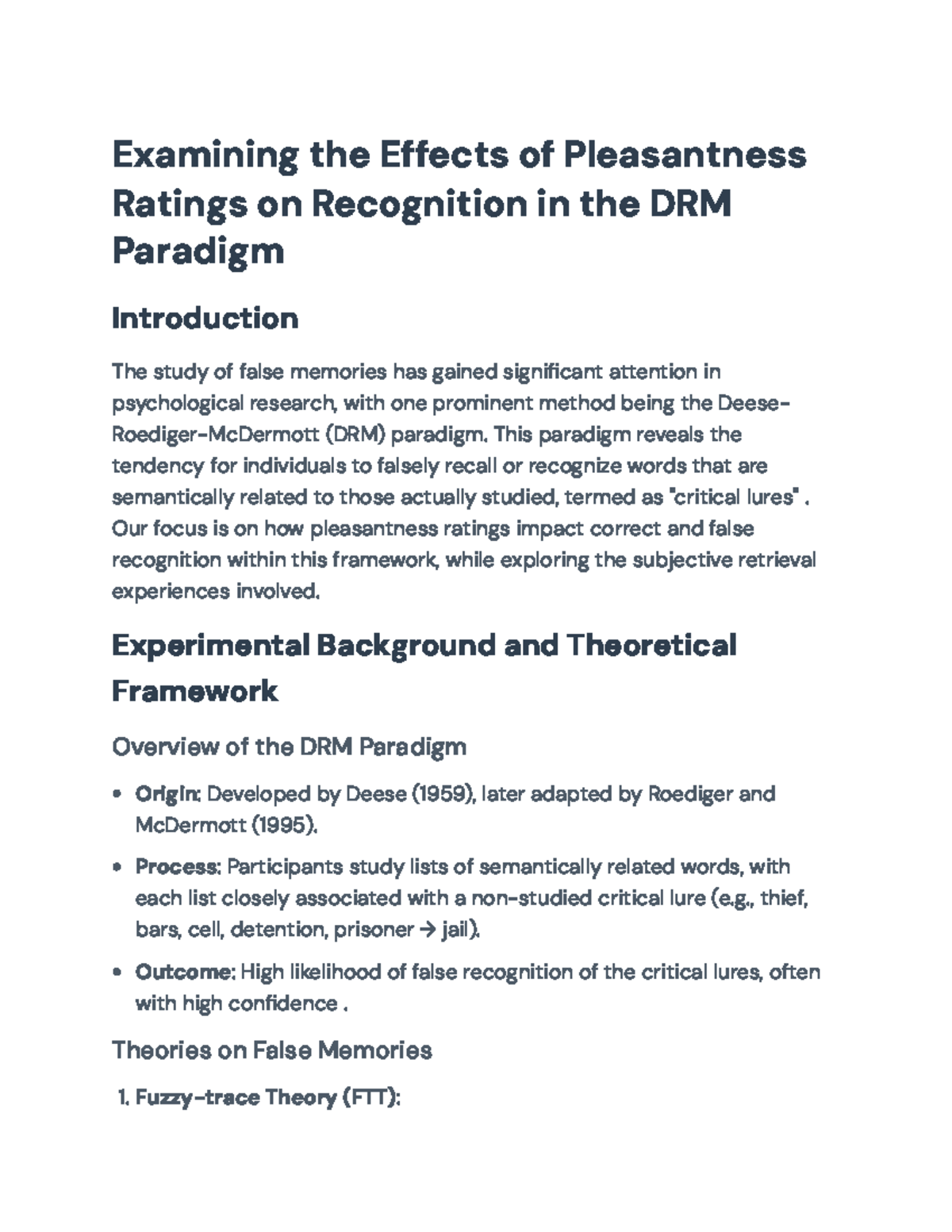 Effects of Pleasantness Ratings on Recognition in the DRM Paradigm ...