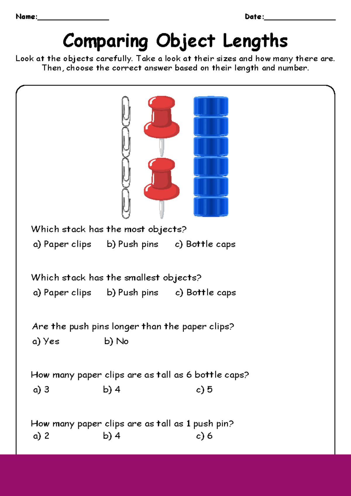 Comparing Object Lengths - 1st Grade Worksheet - Name: Date: Look at ...