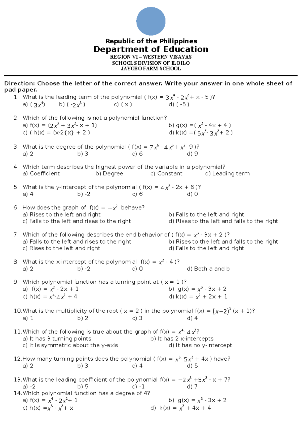 2nd Periodical Test in Mathematics 10: Polynomials and Angles - Studocu