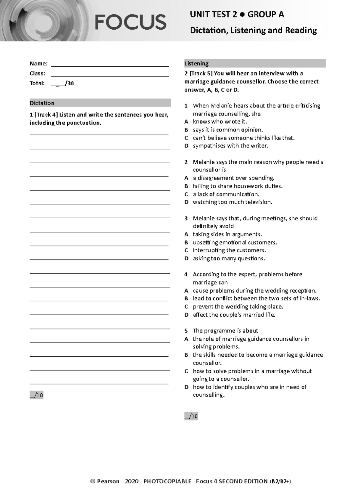 Focus 4 2E Unit Test 2: Dictation, Listening & Reading - Group A - Studocu