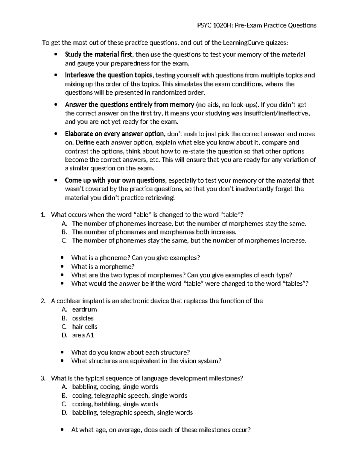 PSYC 1020 H Pre-Exam Review: Practice Questions for Success - Studocu