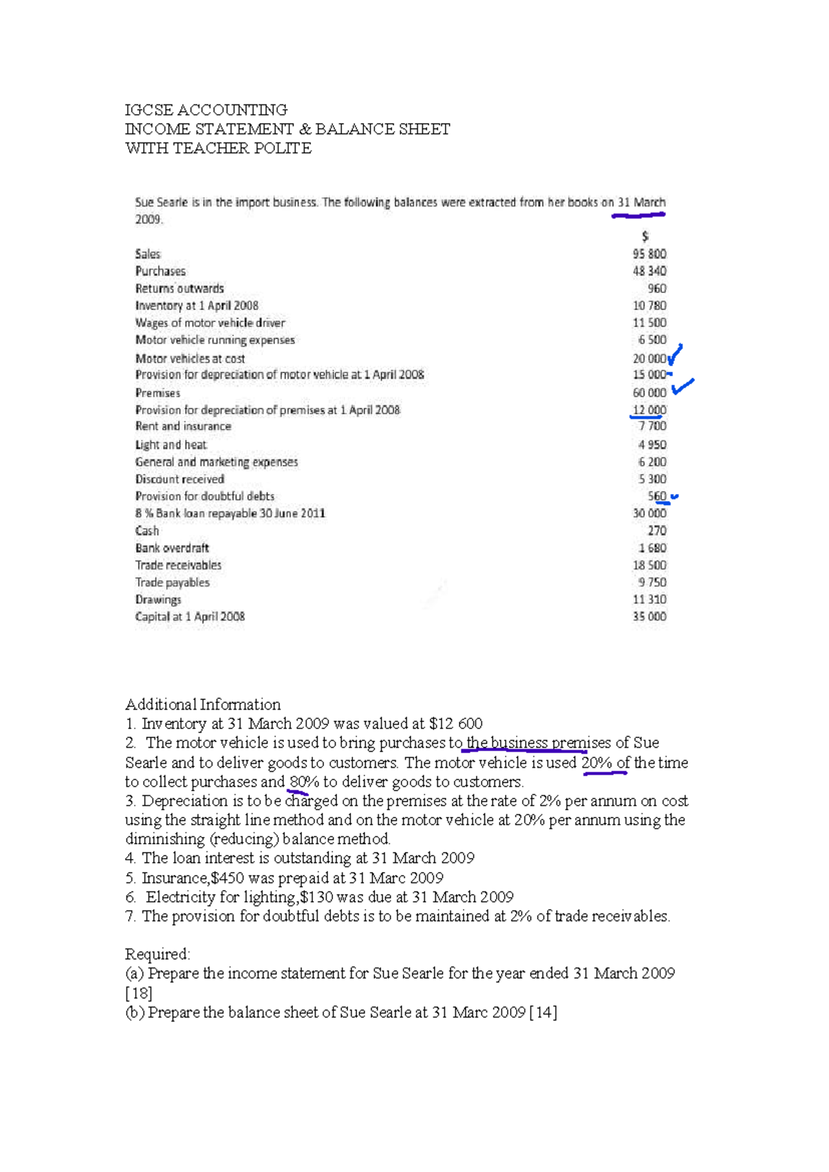 IGCSE Accounting: Income Statement & Balance Sheet Example - Studocu