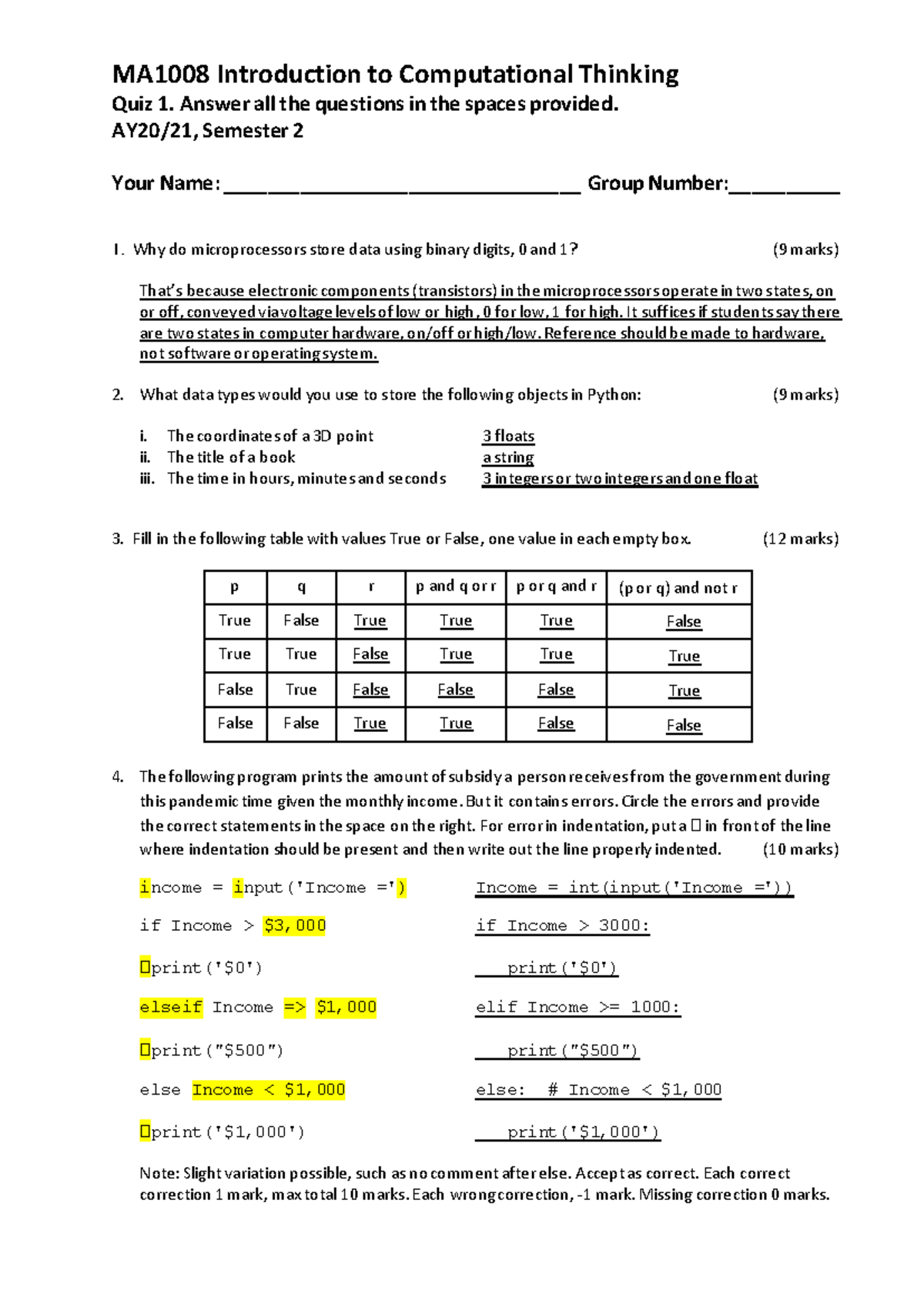 MA1008 Quiz 1 Solutions - MA1008 Introduction to Computational Thinking Quiz 1. Answer all the ...