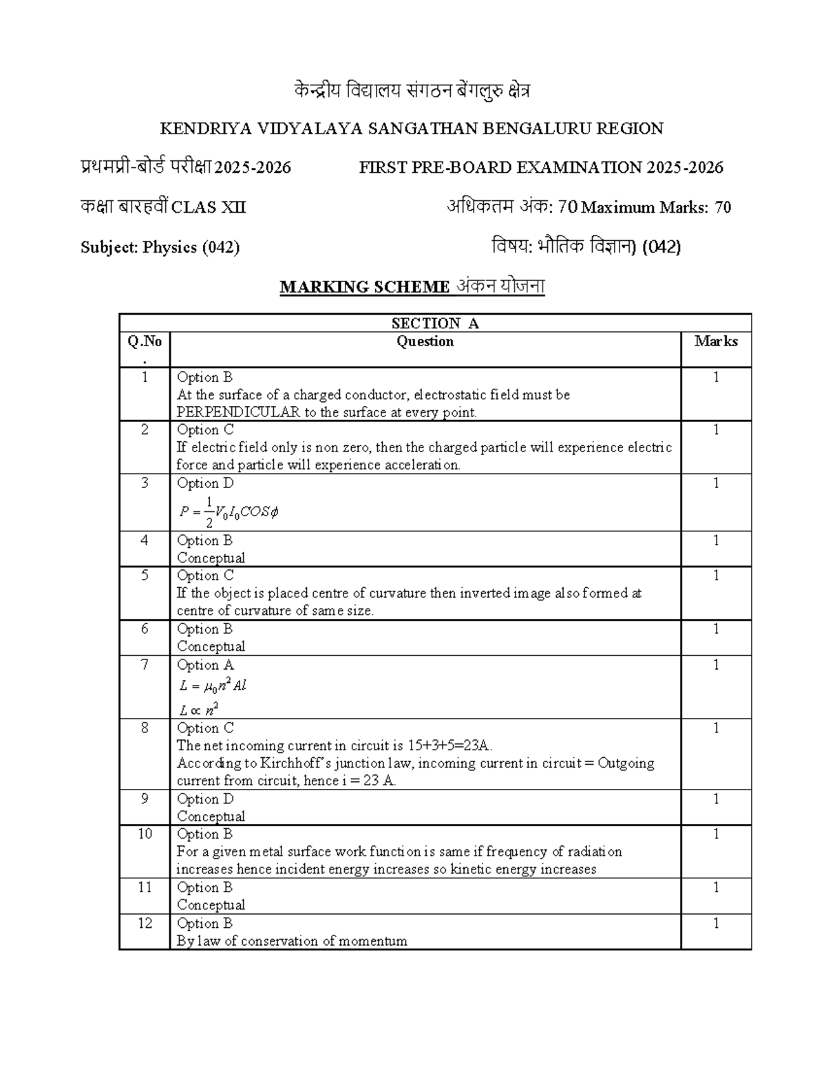 Physics (042) Class XII First Examination Marking Scheme 2025-26 - Studocu