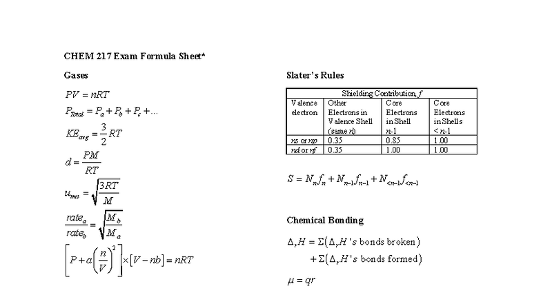 CHEM 217 Final Exam Formula Sheet for Gases and Thermochemistry - Studocu