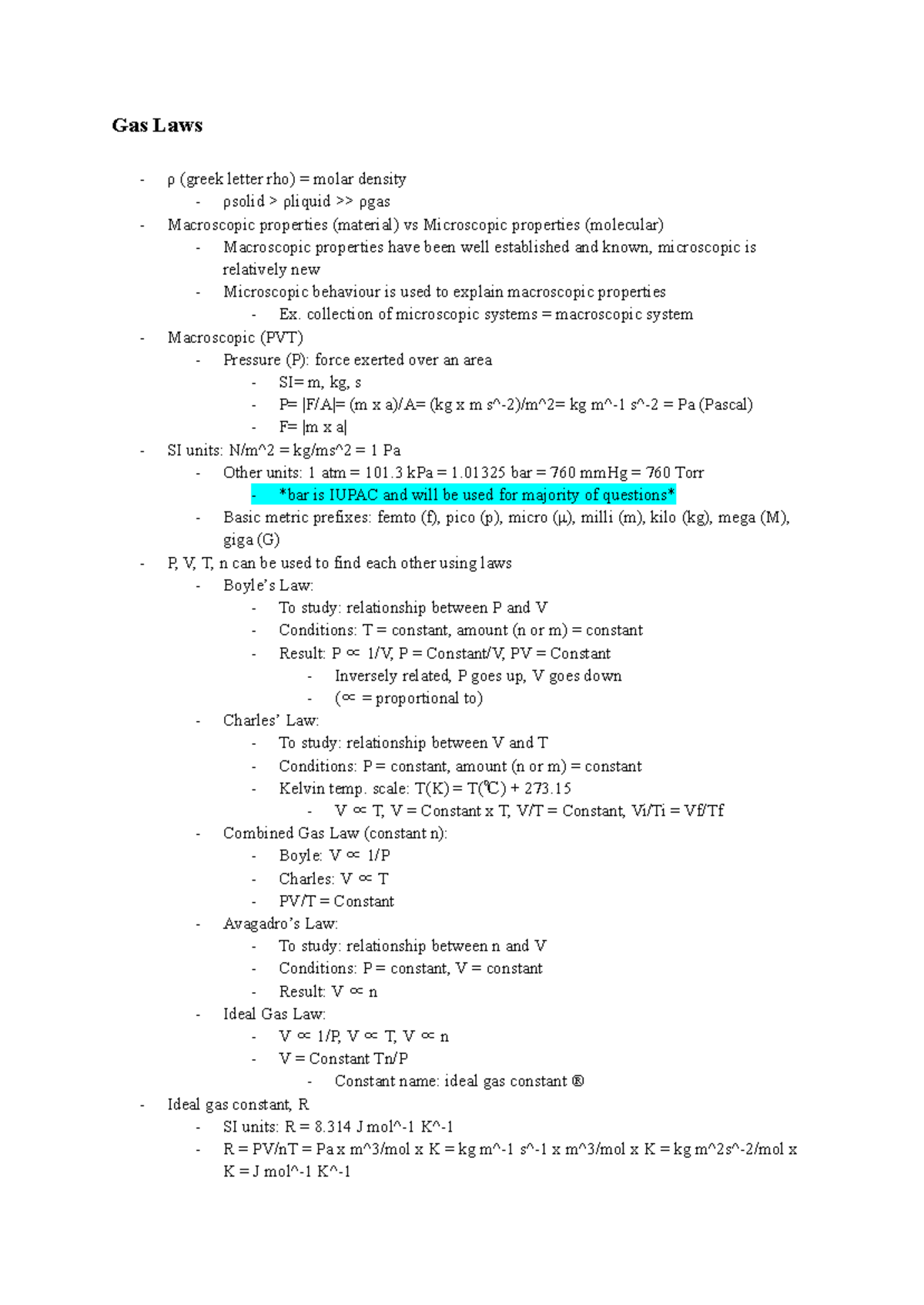 CHEM 1000 - notes for chem 1000 - Gas Laws ρ (greek letter rho) = molar ...