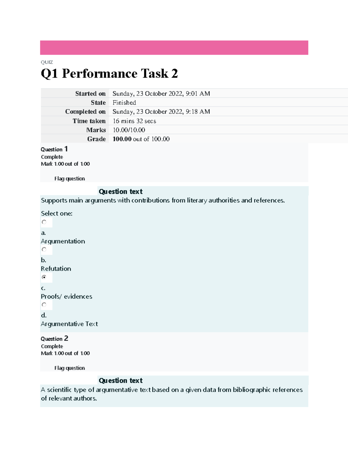 BAED-EAPP2111 - Q1 Quiz Performance Task 2 Results and Analysis - Studocu