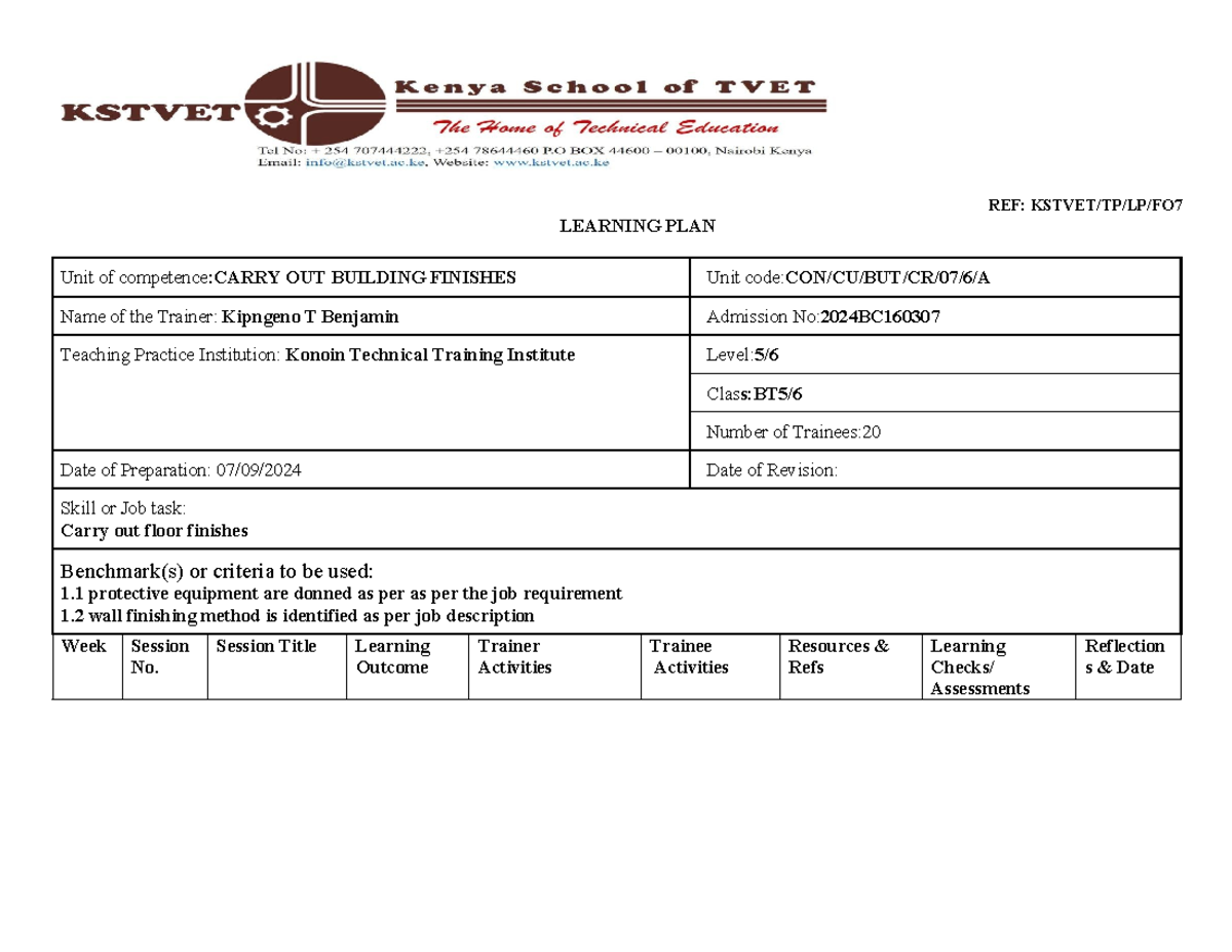 REF: LEARNING PLAN - Week 4 Plastering Techniques - Studocu