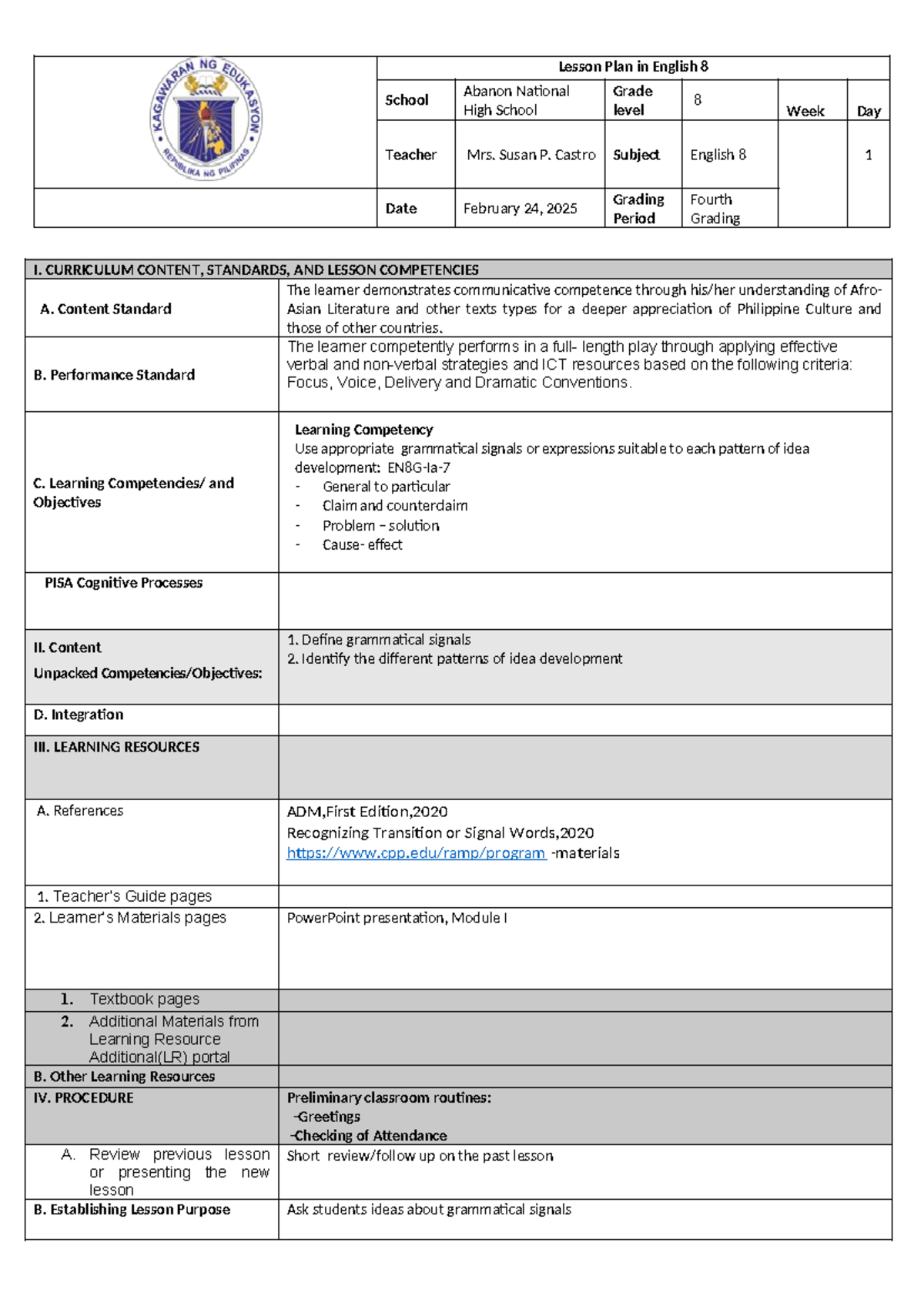 Lesson Plan for English 8 - School Abanon National High School - Studocu