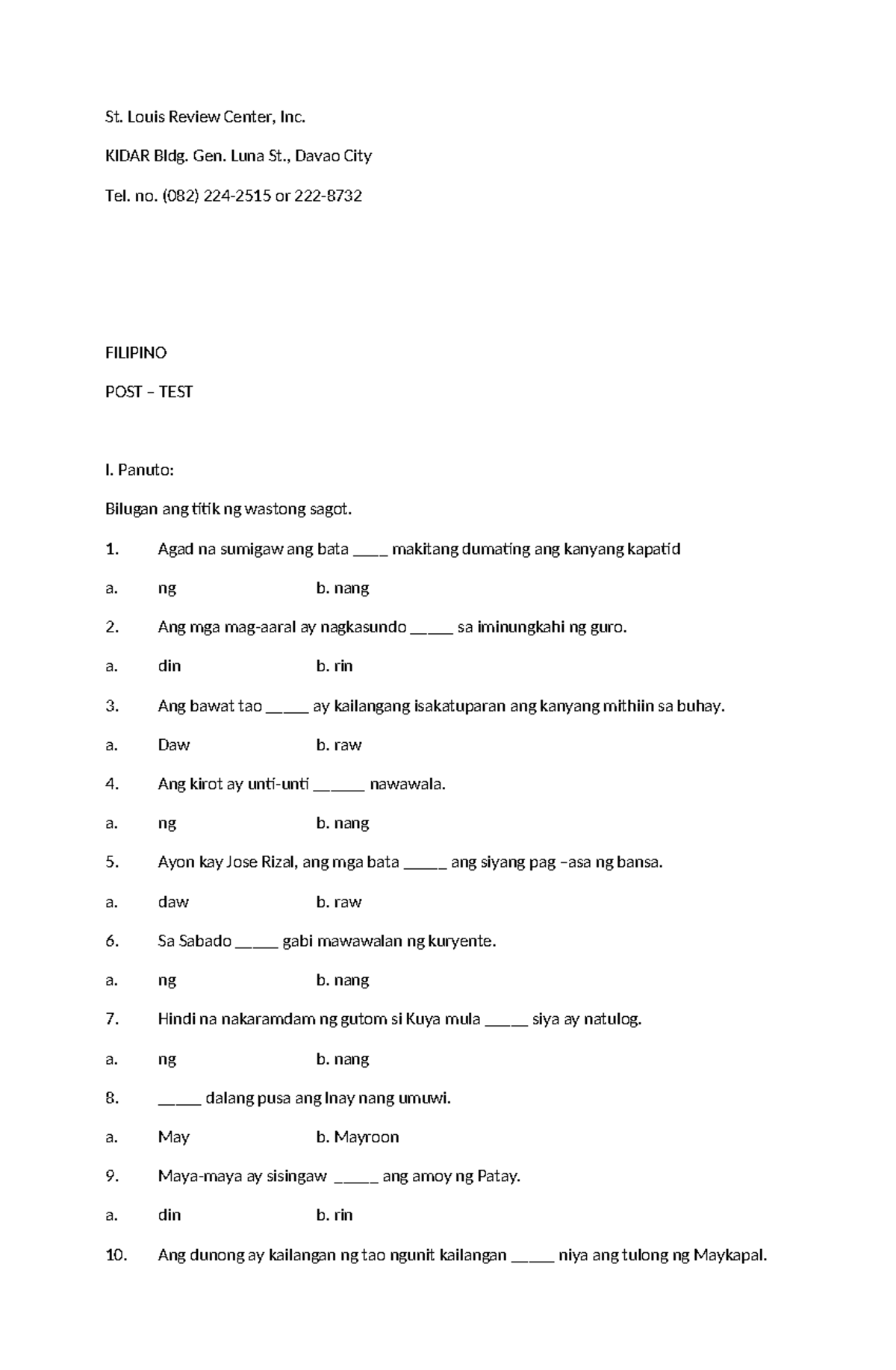 LET Filipino Post-Test Review and Answer Key - Studocu