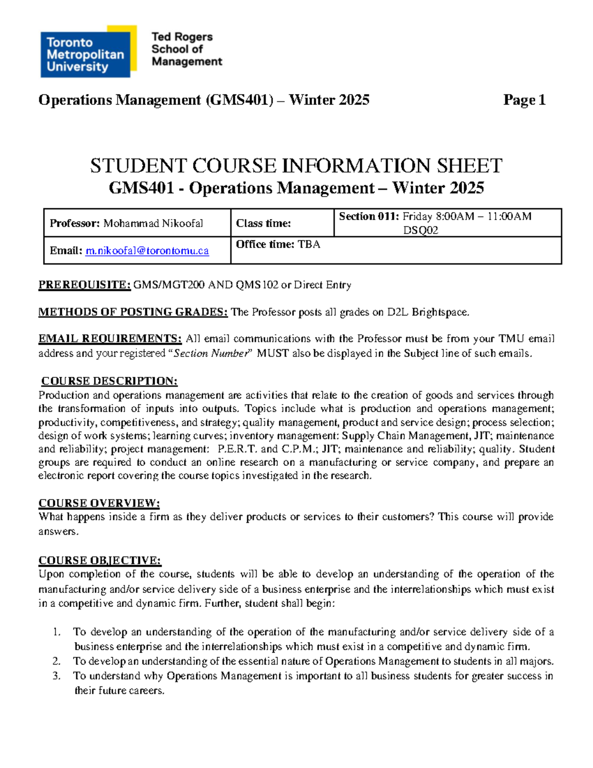 GMS401 Operations Management Course Outline - Winter 2025 - Studocu