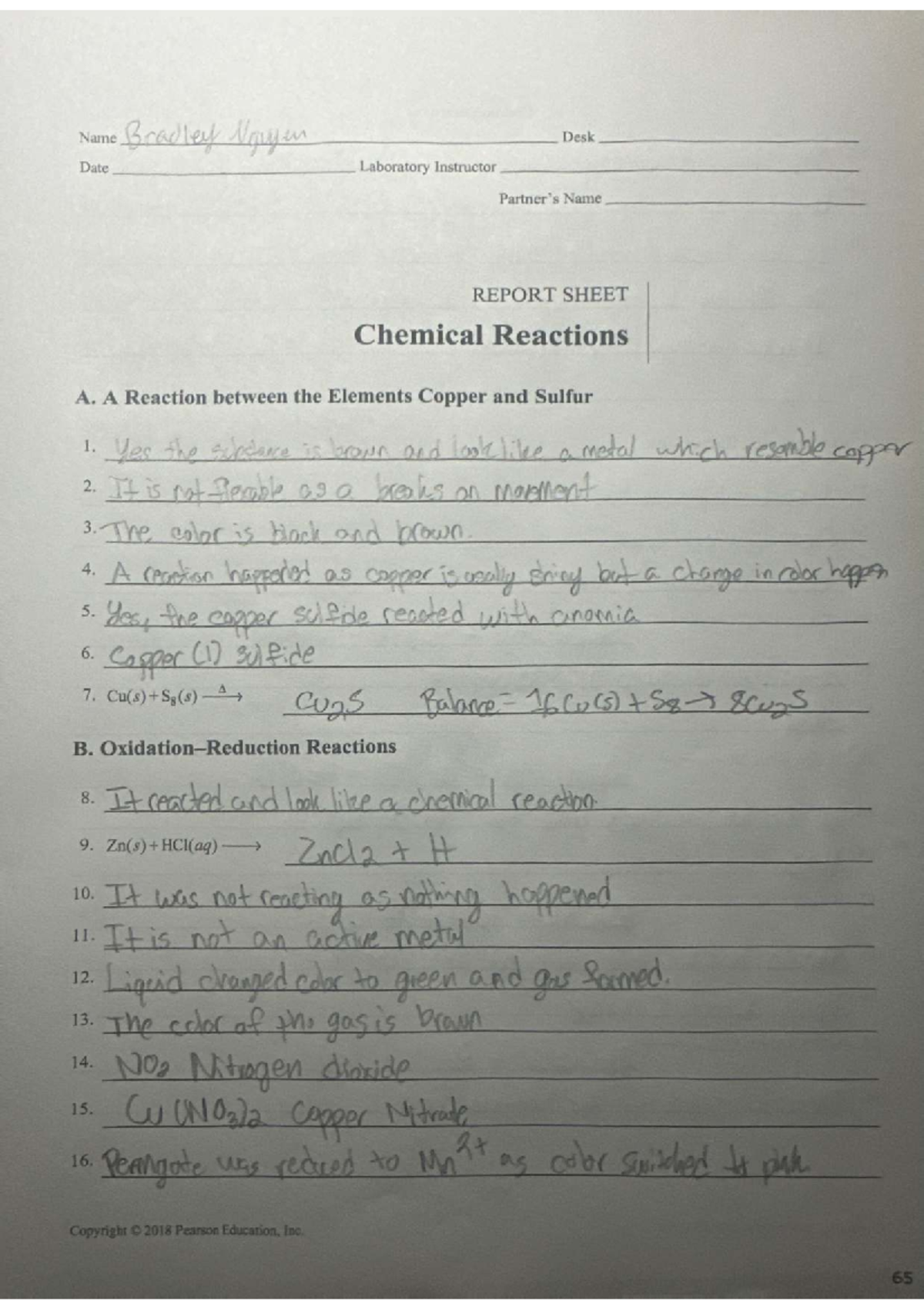 CHEM 101: Lab Report on Chemical Reactions and Observations - Studocu
