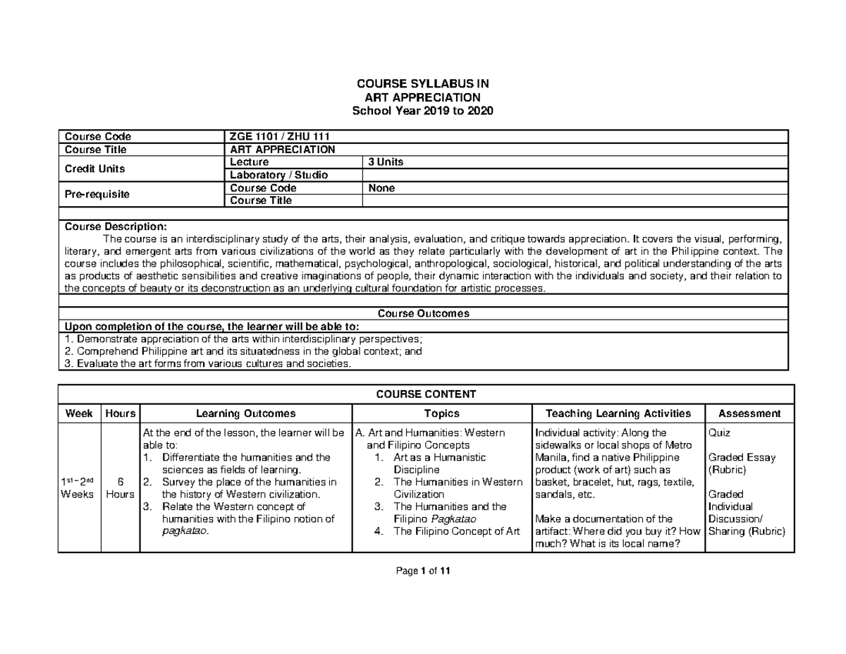 Art Appreciation Syllabus (ZGE 1101 / ZHU 111) for 2019-2020 Academic ...