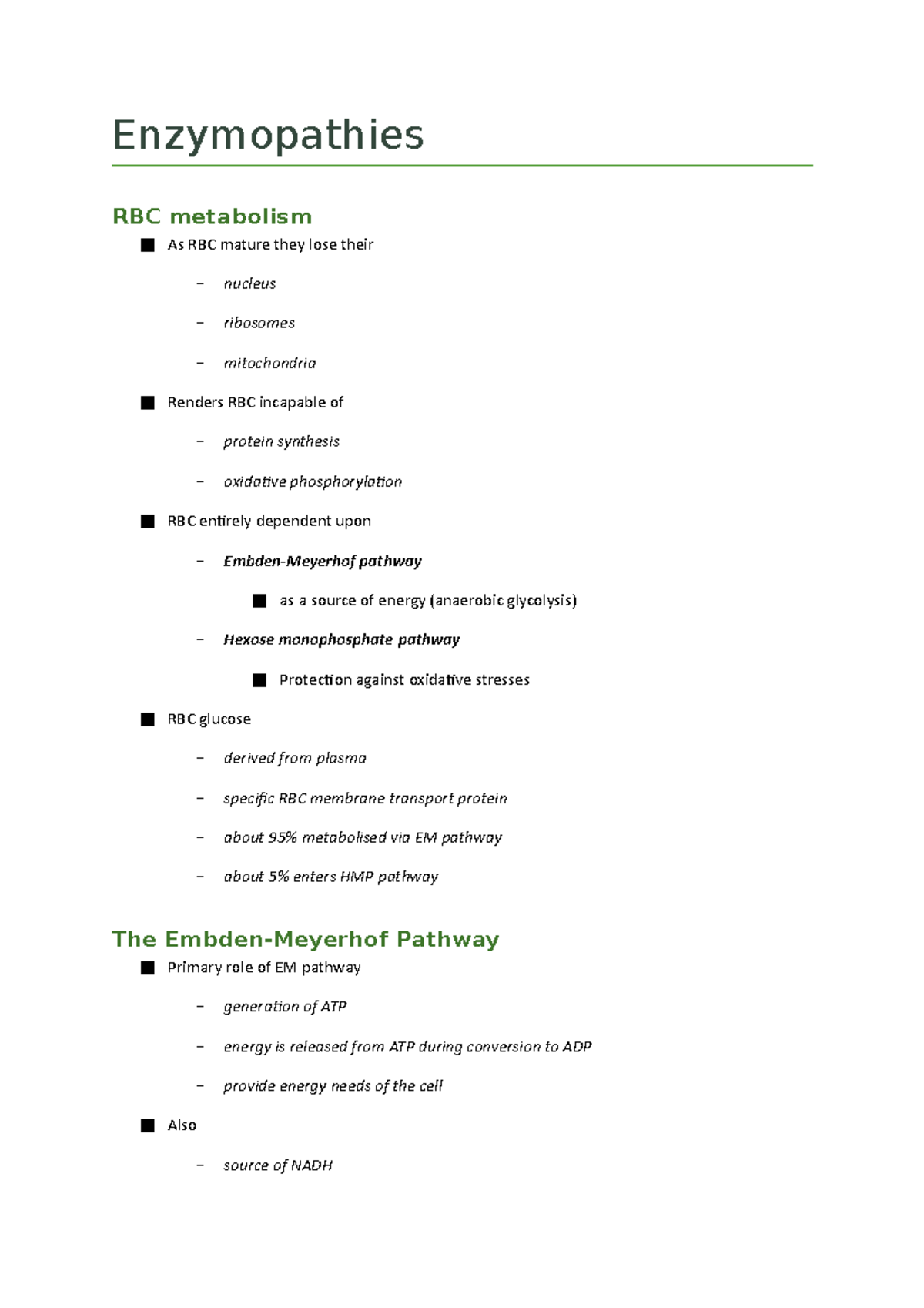 Enzymopathies lecture notes - Enzymopathies RBC metabolism As RBC ...