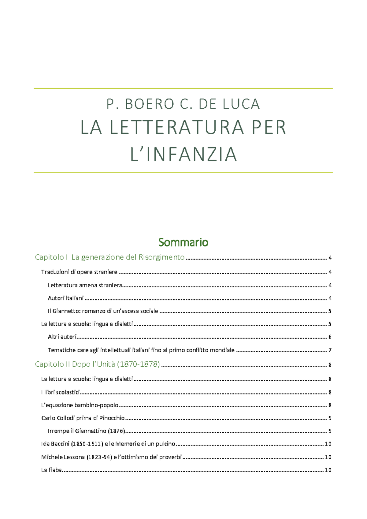 Riassunto: La Letteratura per l'Infanzia - P. Boero, C. De Luca - Studocu