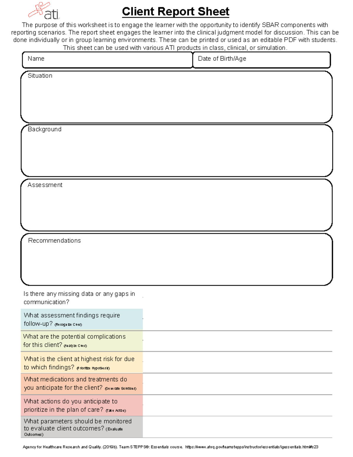 ATI Client Report Sheet: Engaging SBAR Components in Clinical Scenarios ...