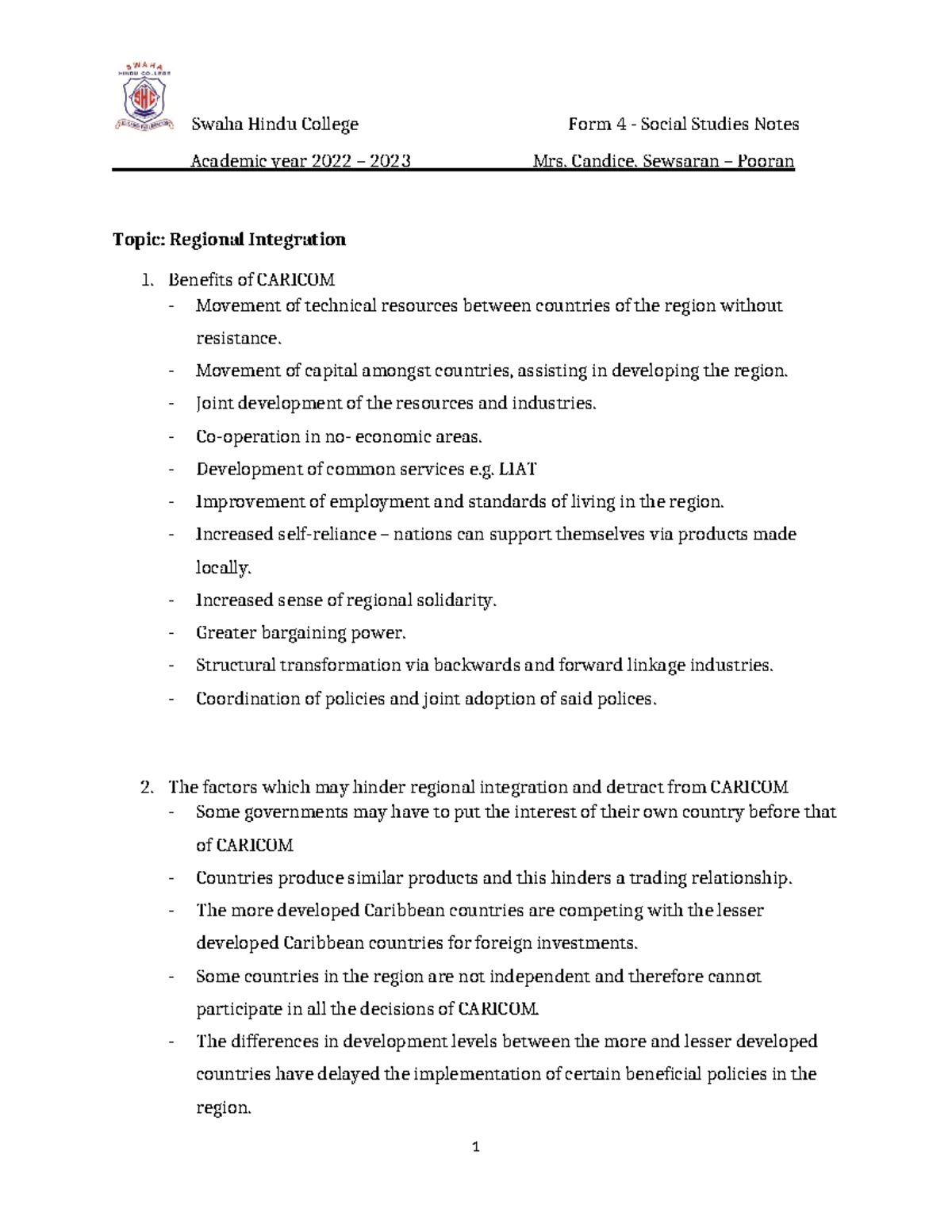 Swaha Hindu College Form 4 Social Studies Notes: Regional Integration ...