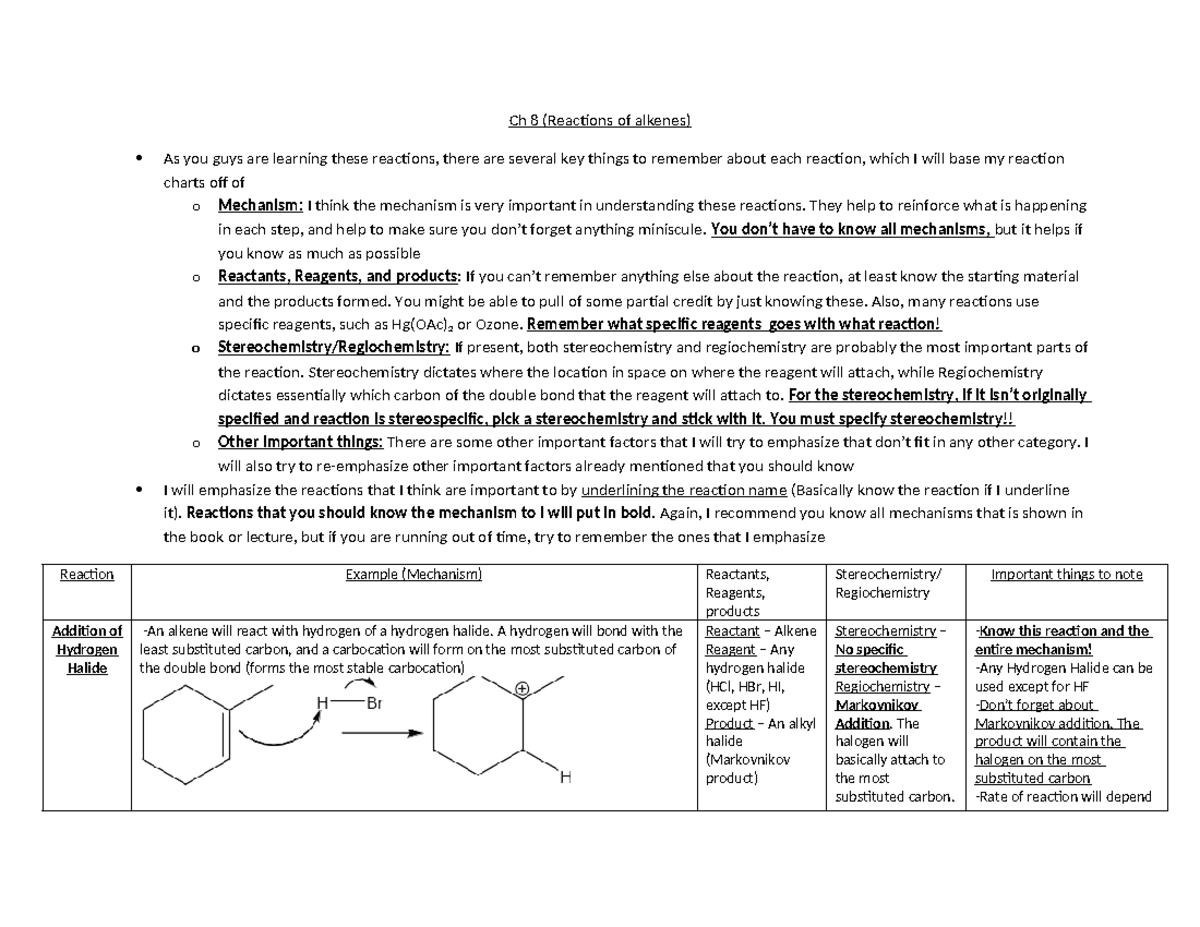 Ch 8 Organic Chemistry Reaction Notes - Key Mechanisms & Concepts - Studocu