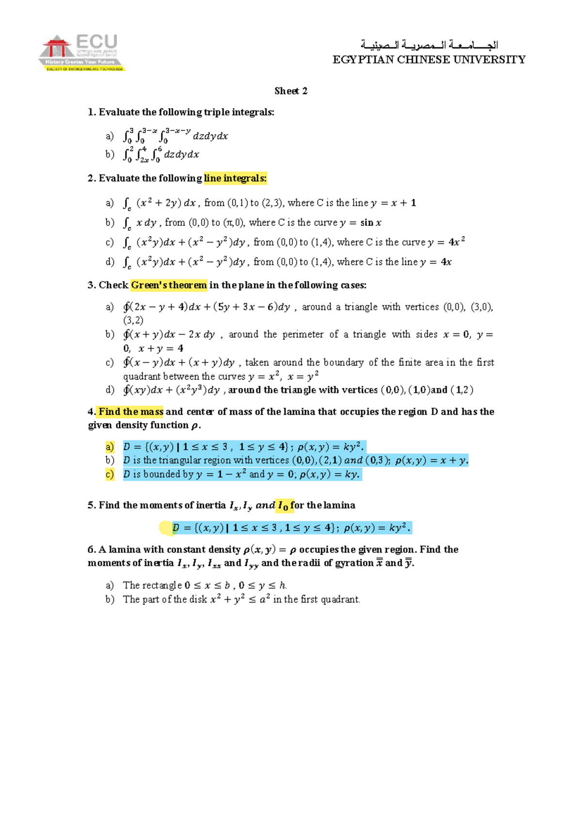 Sheet 2 - Triple and Line Integrals Evaluation (EGYPTIAN CHINESE ...