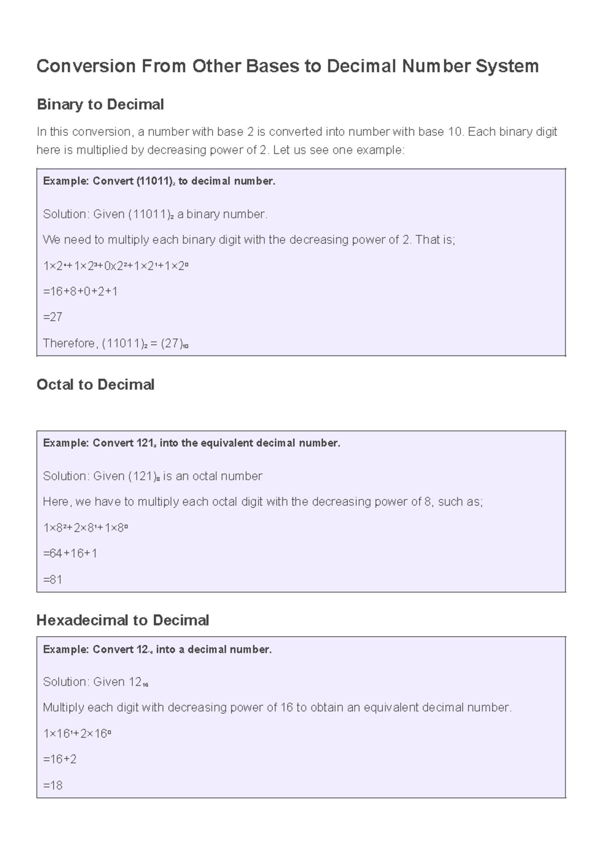 Conversion From Other Bases to Decimal Number System - Each binary ...