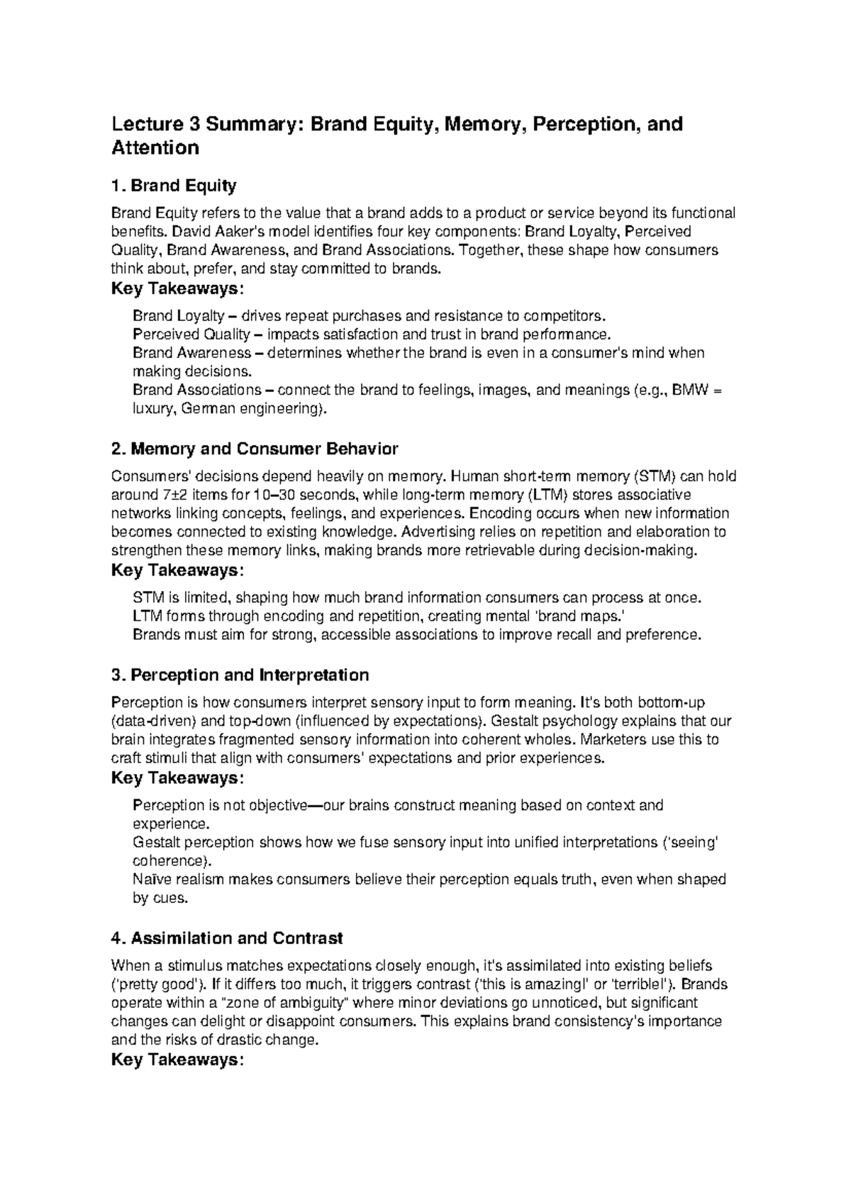 Lecture 3 Summary: Brand Equity, Memory, and Perception Insights - Studocu