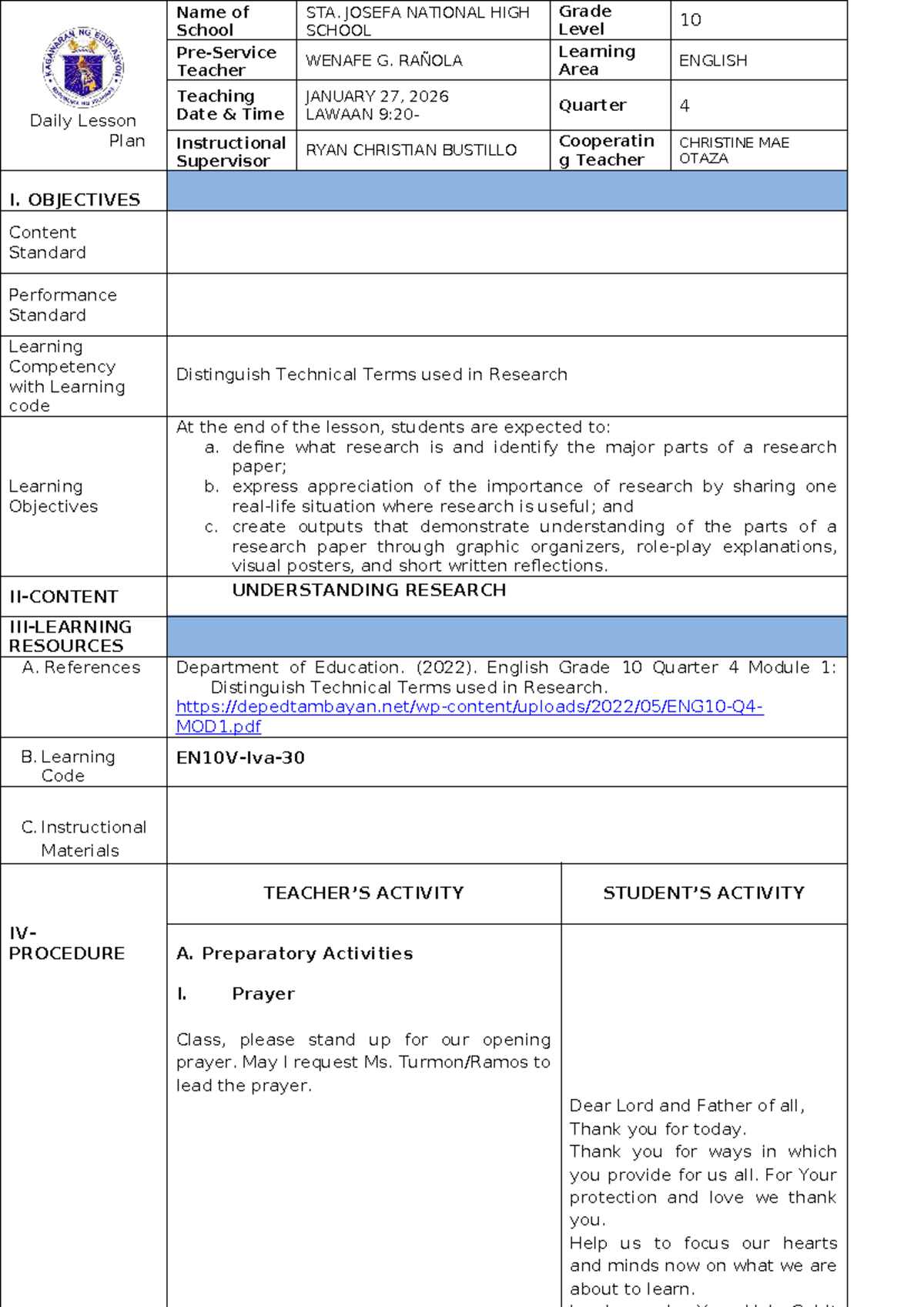 10 ENGLISH Daily Lesson Plan: Understanding Research M1 L1 - Studocu