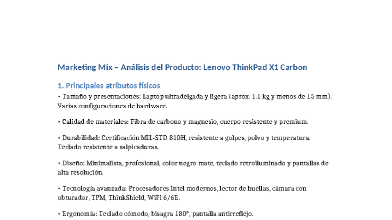 Análisis del Producto: Lenovo ThinkPad X1 Carbon (Marketing Mix) - Studocu