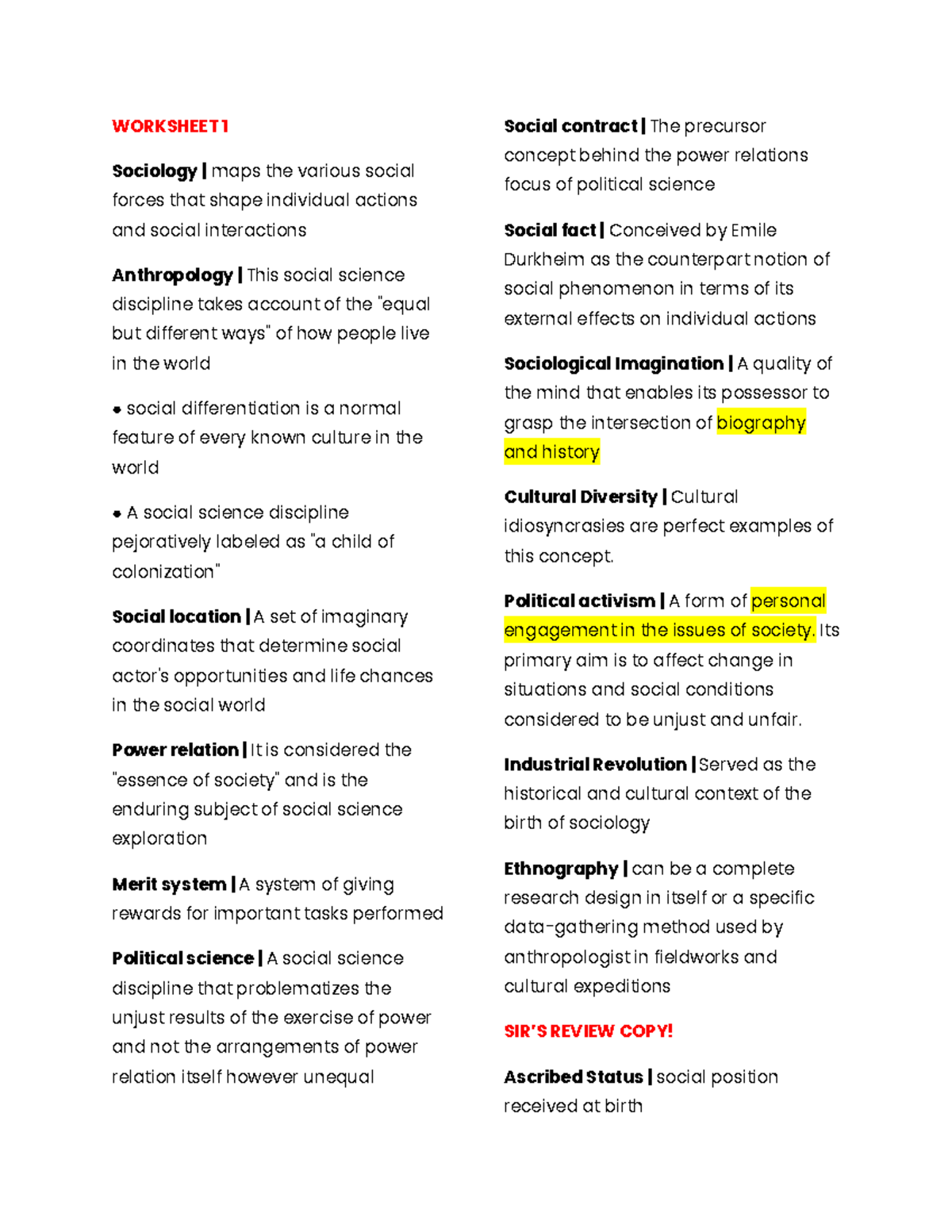 UCSP - Worksheet 1: Key Concepts in Culture, Society, and Politics ...