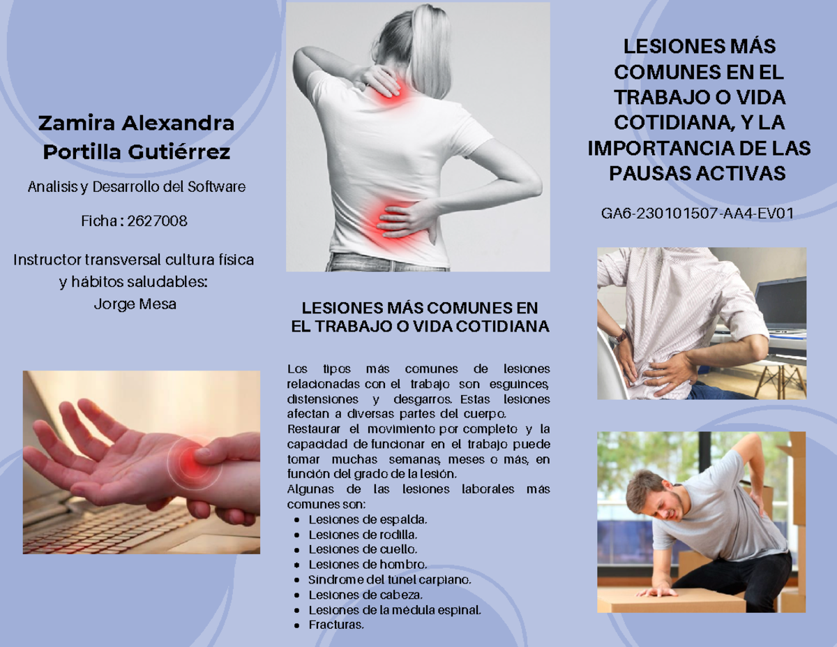Folleto lesiones más comunes en el trabajo o vida cotidiana, y la importancia de las pausas ...