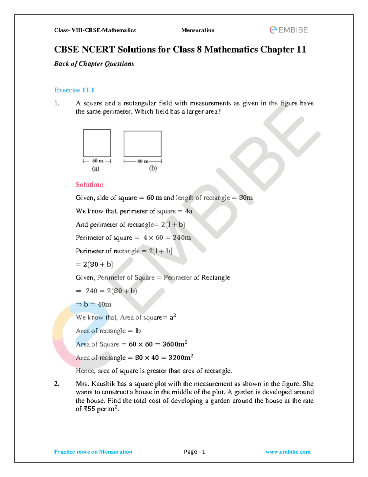 Mensuration Solutions for CBSE Class 8 Mathematics Chapter 11 - Studocu