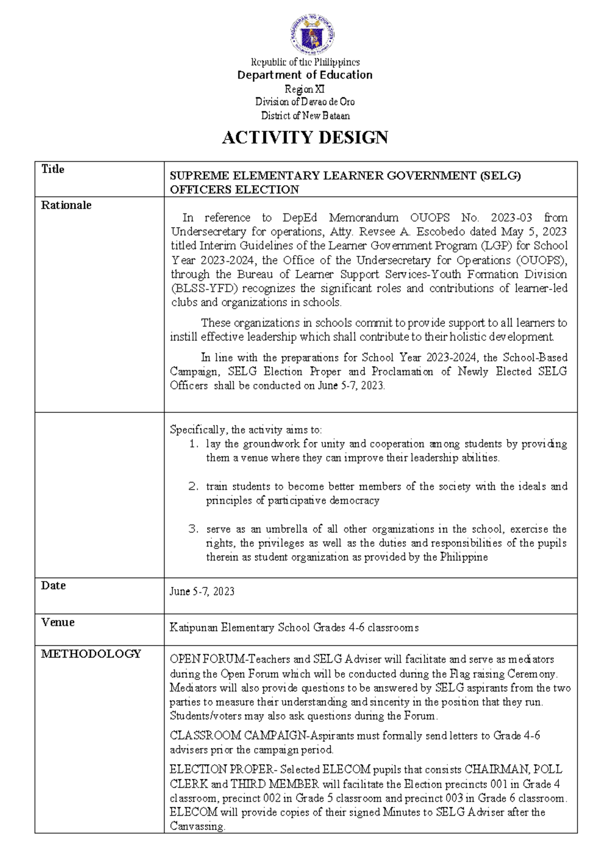 SPG Election Activity Design for SELG Officers - June 2023 - Studocu