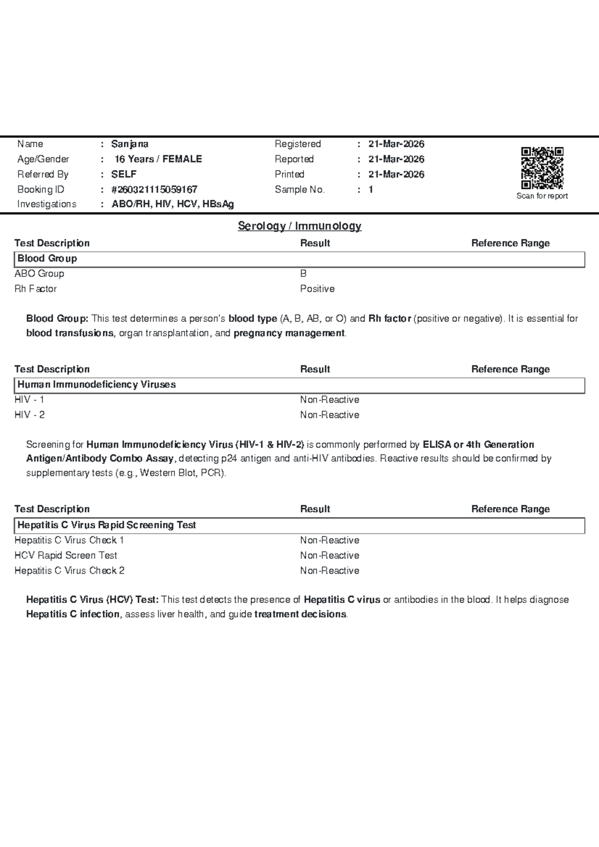 HIV, HCV, HBsAg Test Report for Sanjana (16 Years) - Studocu