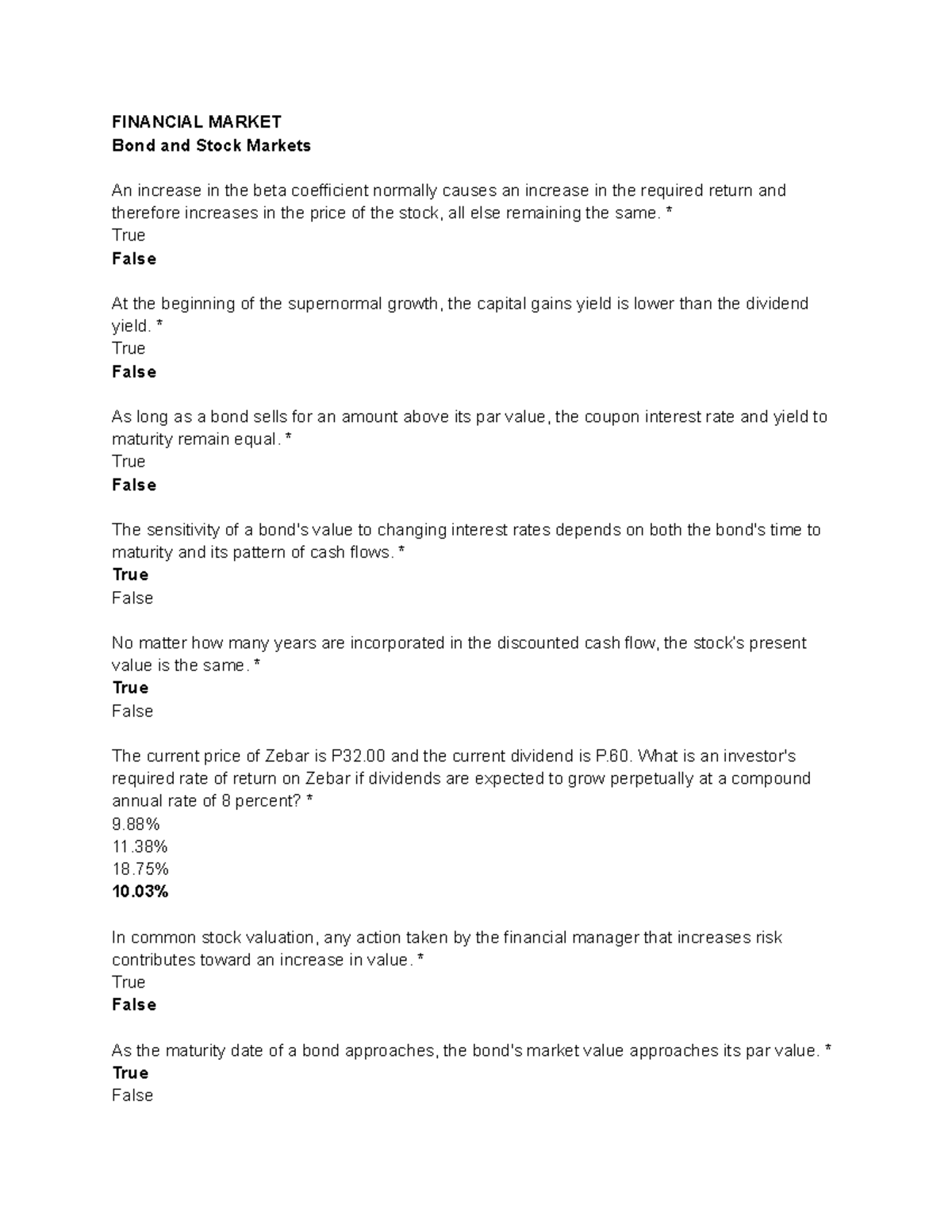 Finmar Sample Quiz- Bond and Stock Markets - FINANCIAL MARKET Bond and ...