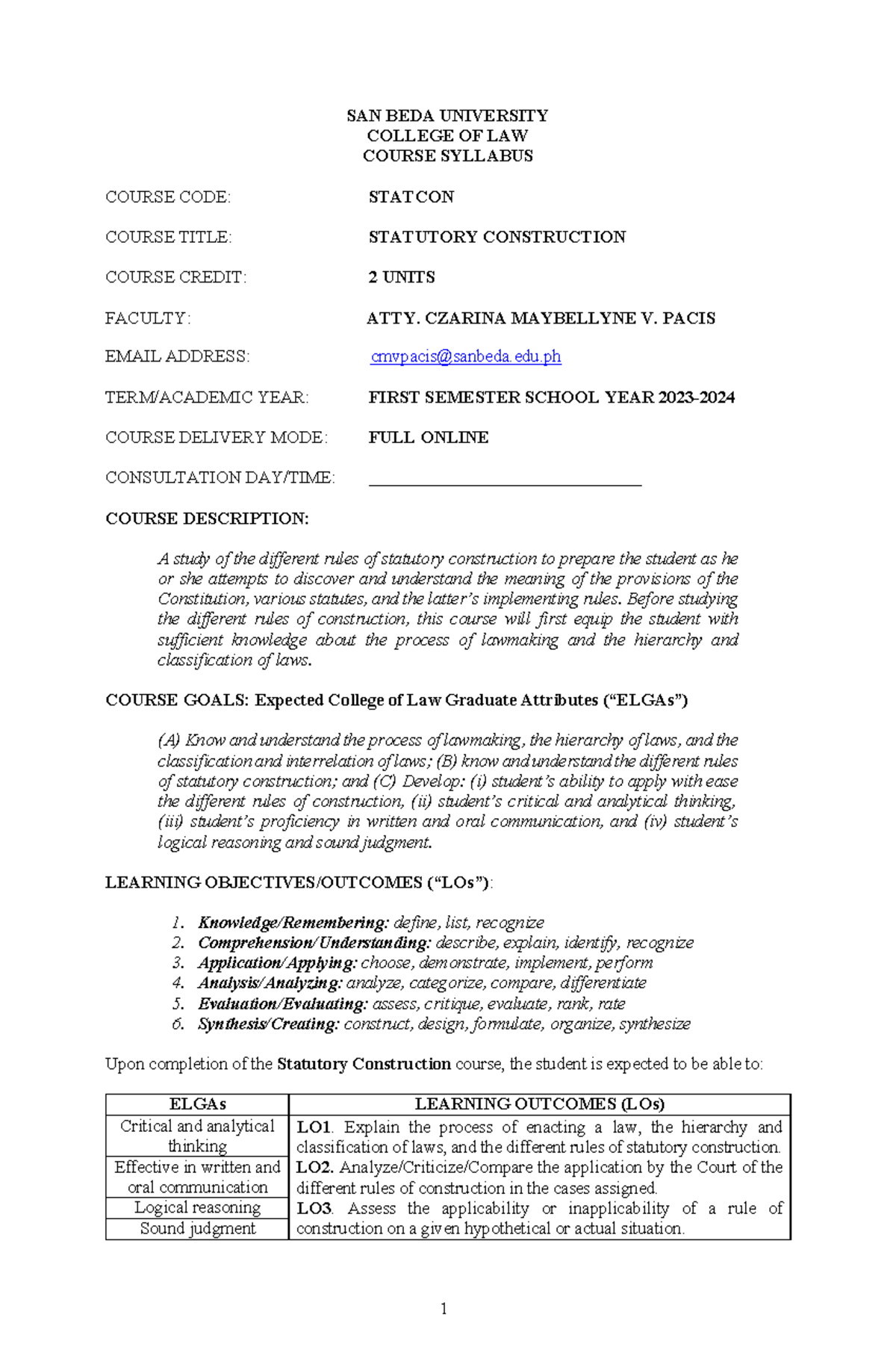 Statcon 2023-2024 Syllabus for Statutory Construction Course - Studocu