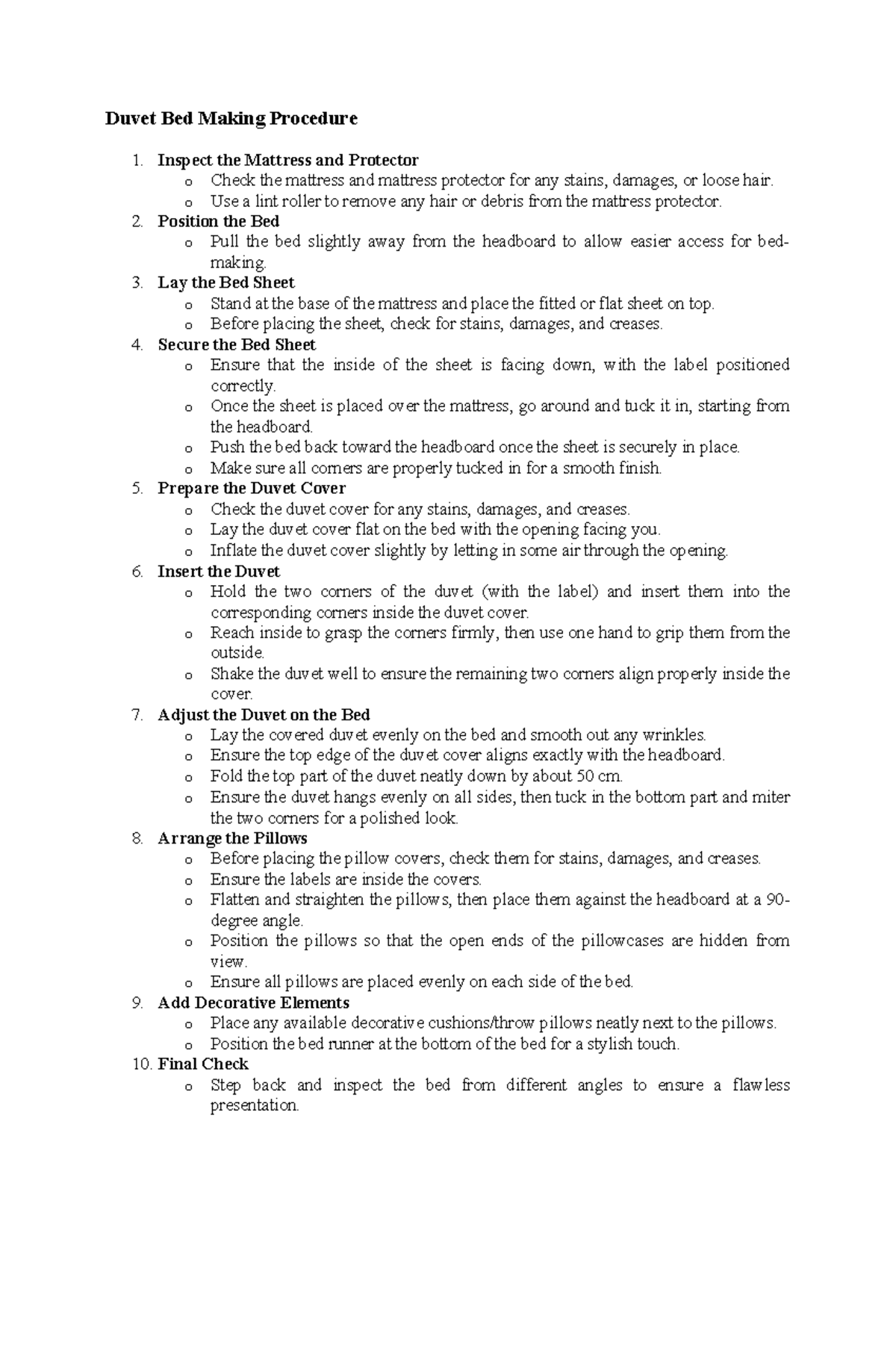 Duvet Bed Making Procedure: Step-by-Step Guide - Studocu